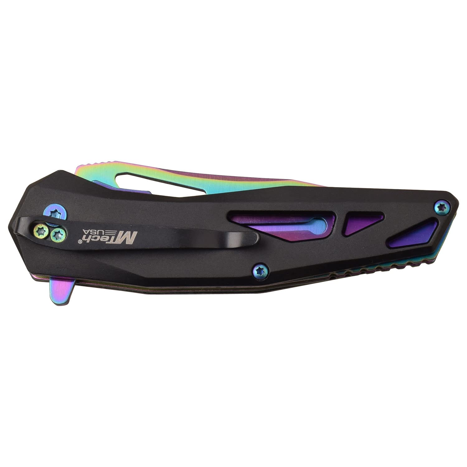 MTECH USA - Spring Assisted Folding Knife - Rainbow TiNite Stainless Steel Blade, Black Aluminum Handle w/Rainbow Stainless Steel Liner, Pocket Clip, Liner Lock - Hunting, Camping, EDC โ MT-A1141RB