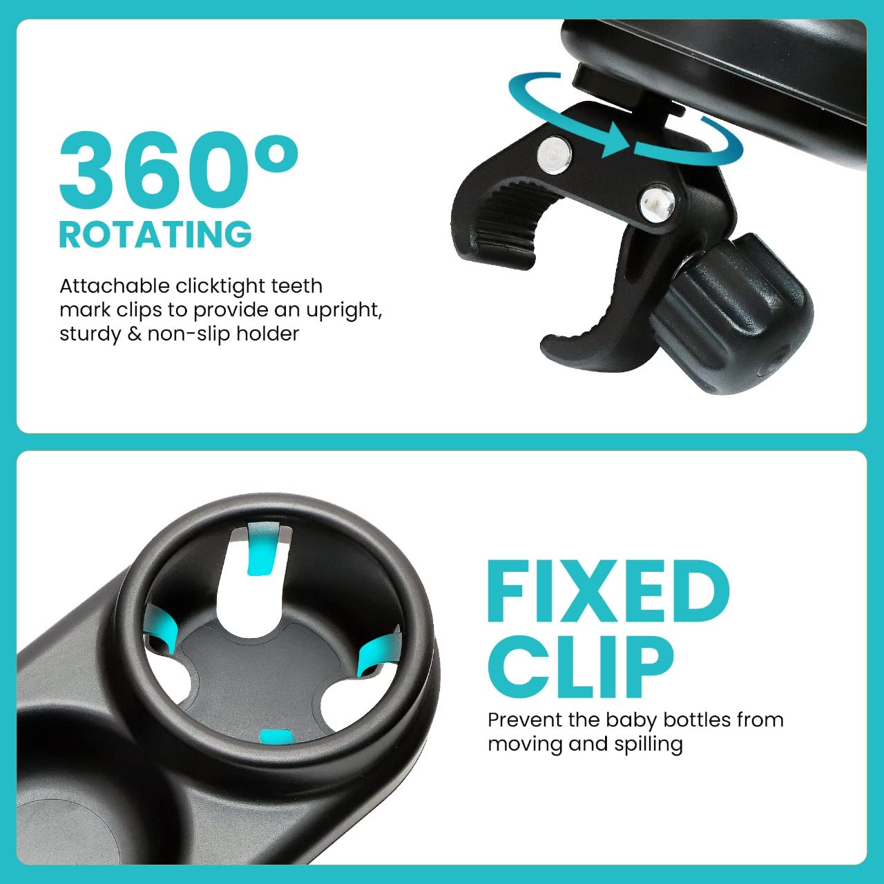 Universal Stroller Snack Tray - with Cup Holders - Upgraded Stroller Bar Attachment; Dual Non-Slip Grip Clip, Gray/Black (Black) ST-19