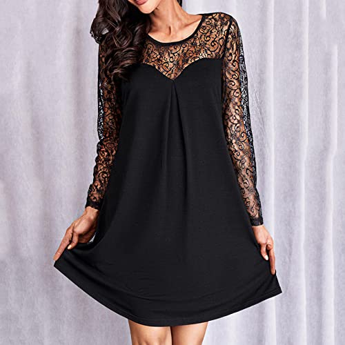 Pinkpaopao Women Long Sleeve Tunic Dress Solid Color Mesh Hollow Out Long Sleeve Loose Shift Dress