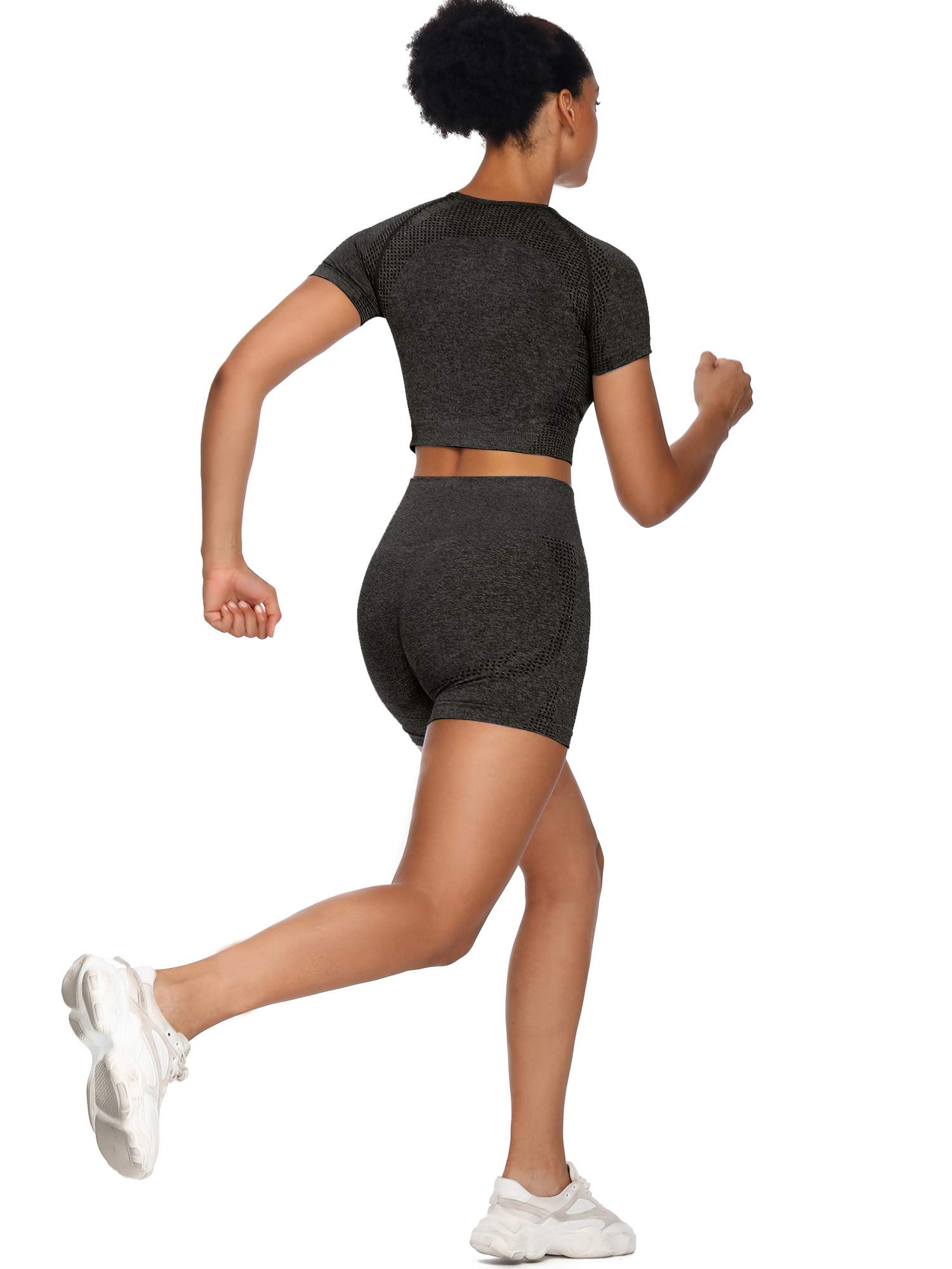 Sytiz Women Seamless Yoga Outfits 2 Piece Set Workout Gym Shorts + Short Sleeve Crop Top (sapphire blue, Medium)