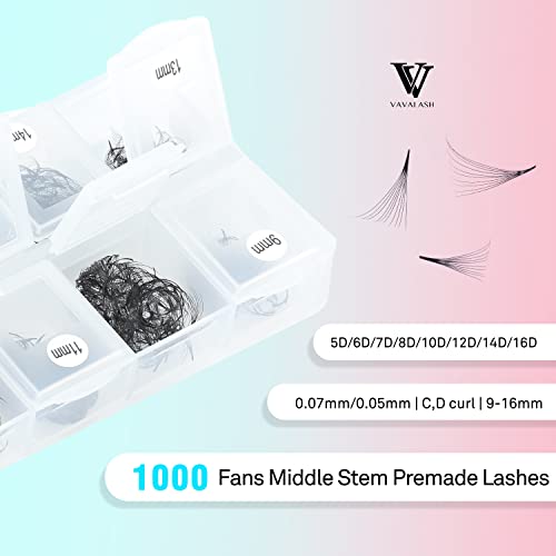 VAVALASH 1000 Fans Premade Fans Eyelash Extensions 9-16mm Mixed Length Premade lash Fans 5D 8D 10D 14D Handmade Promade Loose Fans Thin Base Premade Volume Lash Extension(10D-0.07-D-9-16mm)