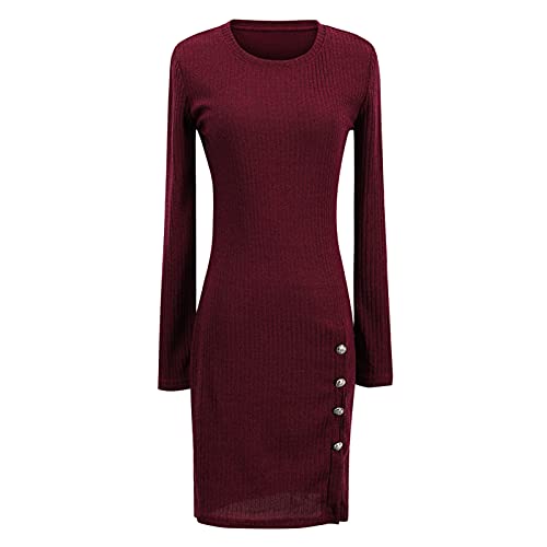 Pinkpaopao Women Sweater Wrap Dress Side Split Button Long Sleeve Round Neck Solid Color Slim Knitted Mini Dress