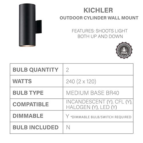 Kichler Cylinders 15" 2-Light Outdoor Cylinder Wall Sconce in Black, (15" H x 5.75" W), 9246BK