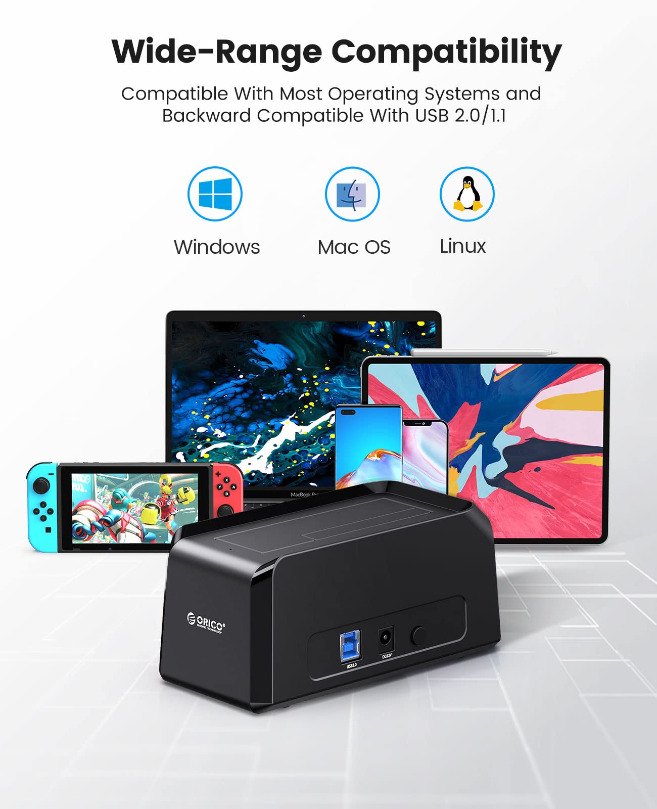 ORICO External Hard Drive Docking Station USB3.0 to SATA for 2.5/3.5" SSD HDD Up to 18TB Support UASP(9818U3)
