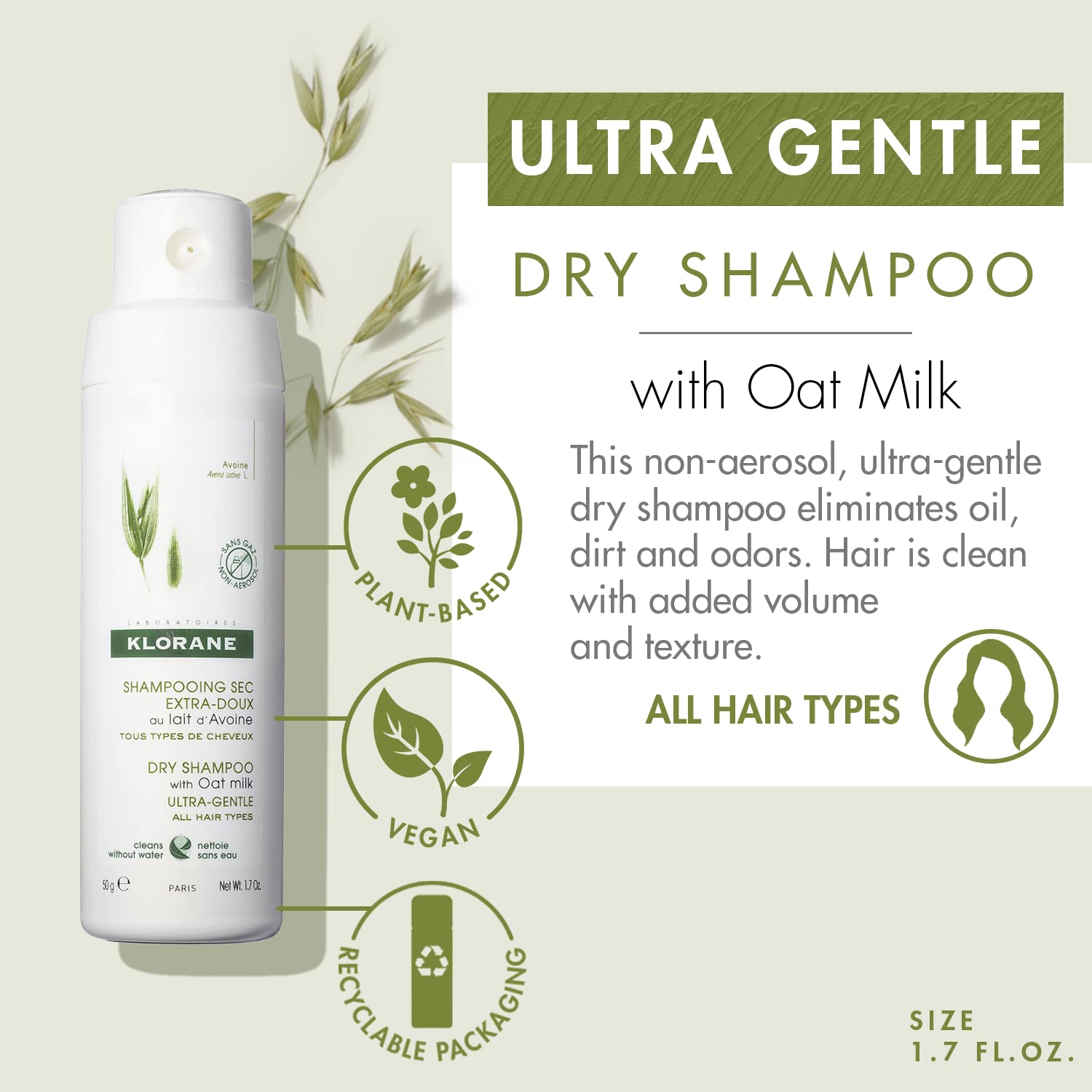 Klorane - Dry Shampoo Powder With Oat Milk - Eco Friendly Non-Aerosol Formula - Gentle Formula Instantly Revives Hair - Paraben & Sulfate-Free - 1.7 fl. oz.