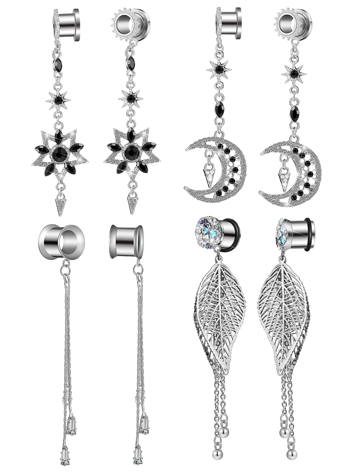 Loviflower 4 Pairs 10 mm Gauges Dangle Chain Tunnels Leaf Moon Star Dangle Ear Tunnel Plugs