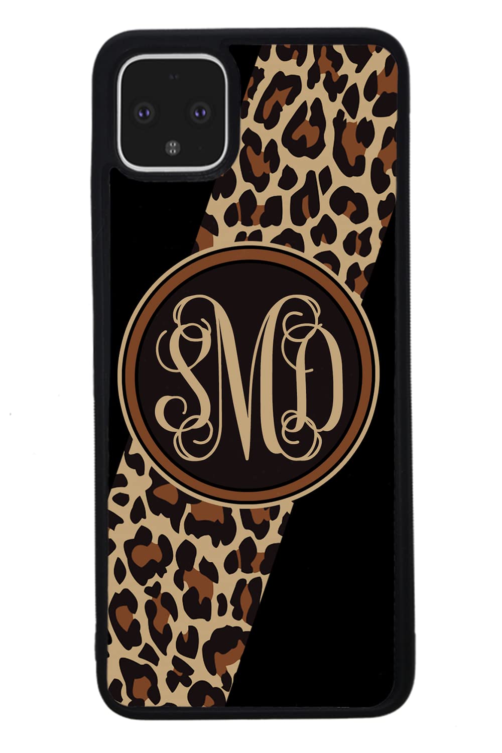 Leopard Animal Skin Script Monogram Black Rubber Phone Case Compatible With Google Pixel 8 Pro, 8a, 8, 7a, 7, Pixel 7 Pro, 6a, Pixel 6 Pro, 6, 5, 4a 5G, 4a 4G, 4, 4 XL, 3a, 3a XL, 3, 3 XL, 2 XL