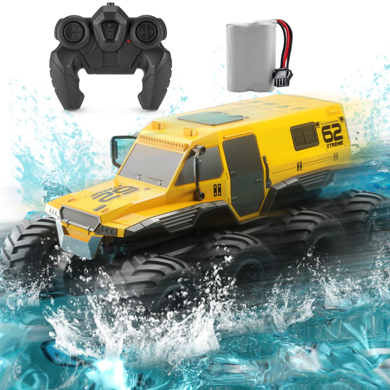 KB KAIBO 8WD Amphibious Monster Truck, 2.4G Off road Waterproof 1:12 Big Remote Control Car for boys, All Terrain RC Cars Toys for 7 8 9 10 11 12 Year Old Boys/girls, Gift Birthday Christmas-Yellow