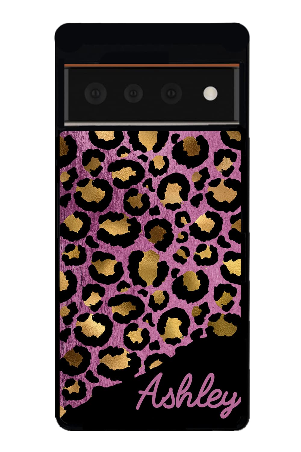 Leopard Skin Pink Gold Foil Personalized Black Rubber Phone Case Compatible With Google Pixel 8 Pro, 8a, 8, 7a, 7, Pixel 7 Pro, 6a, 6 Pro, 6, 5, 4a 5G, 4a 4G, 4, 4 XL, 3a, 3a XL, 3, 3 XL, 2 XL, 2
