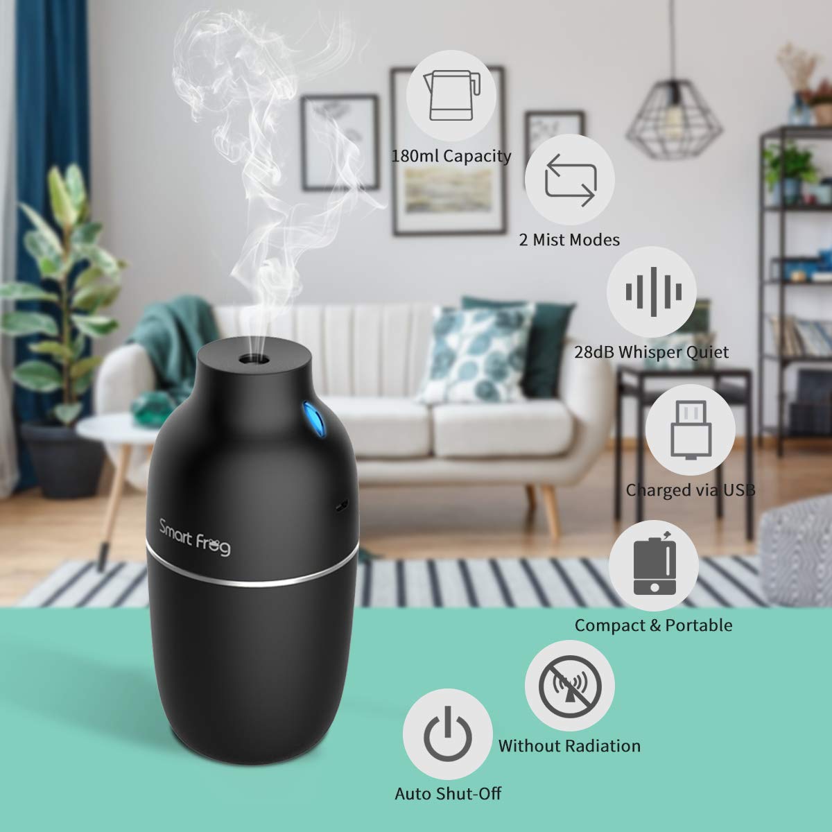 Mini Humidifier, Portable Quiet and Ultrasonic Cool Mist Humidifier with 2 Mist Modes, Auto Shut-Off, Filterless, Can be Used in Bedroom, Home, Office (Black, 180ML)