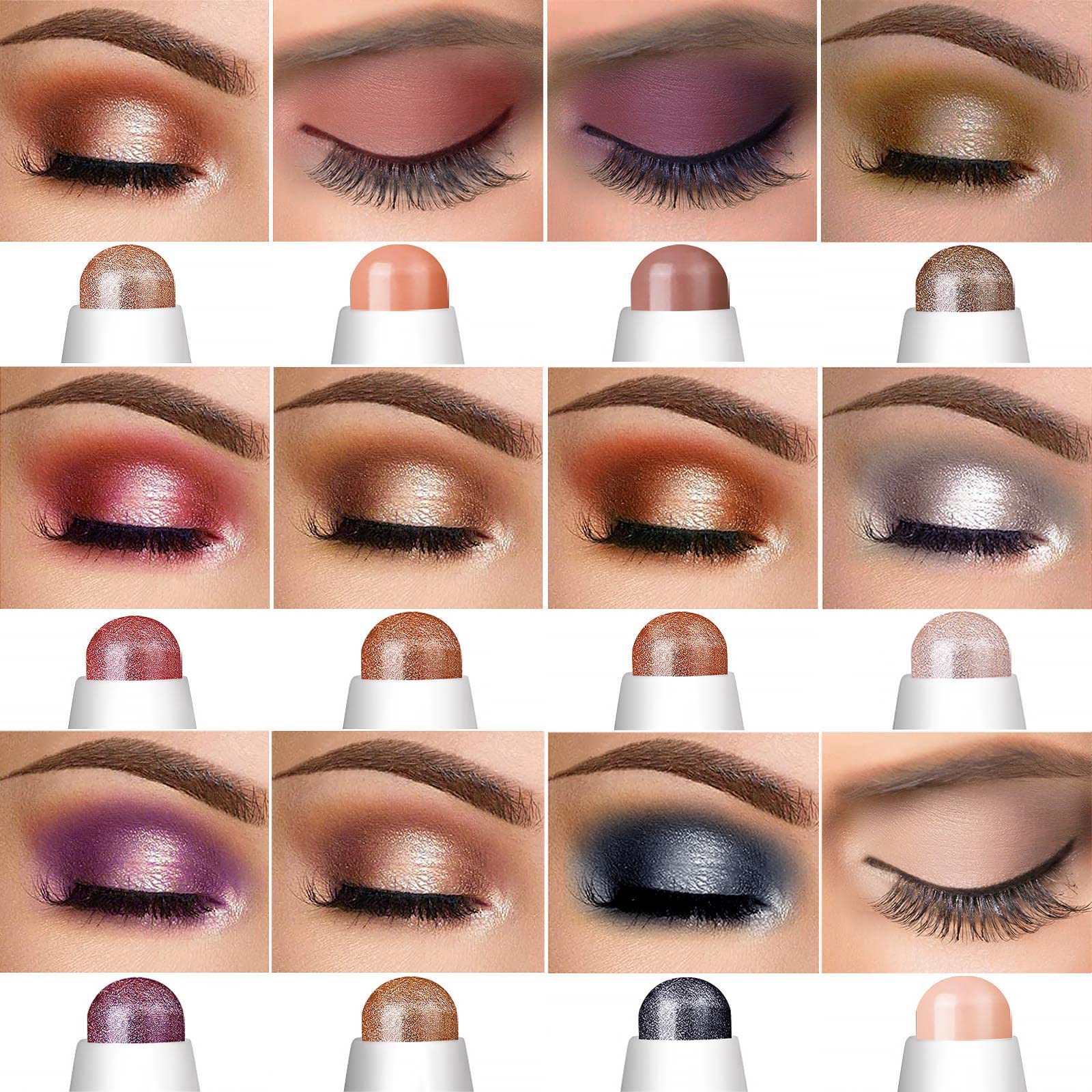 SUMEITANG 12 PCS Cream Eyeshadow Stick, Matte Shimmer Glitter Eye Shadow Sticks Set Eye Brightener Pencil Crayon, Highlighting Makeup Sticks, Soft & Smooth, Easy To Color, Multi-Dimensional Eyes Look