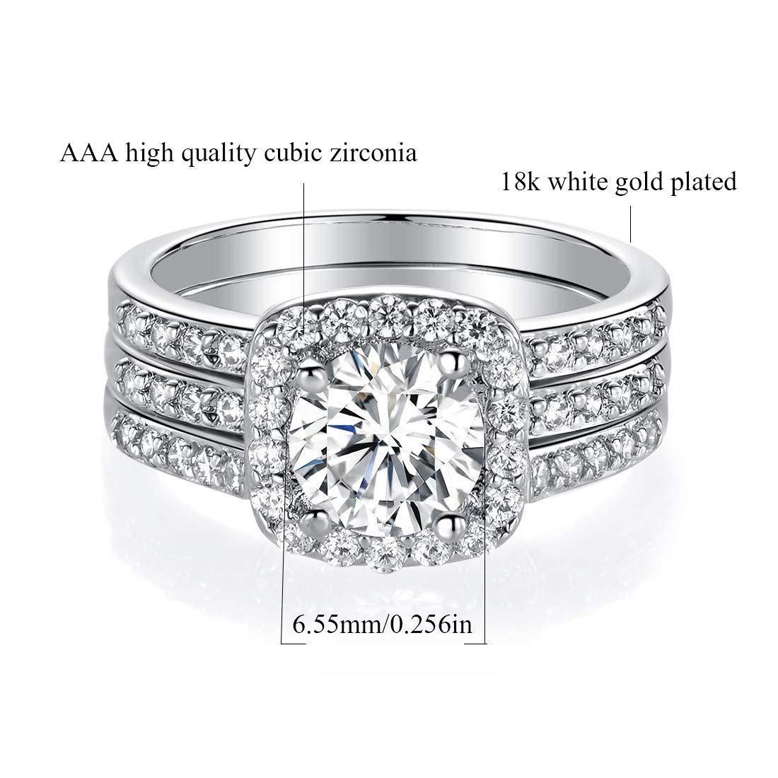 MDFUN 18K White Gold Plated Cubic Zirconia Three-in-One Halo Wedding Engagement Promise Eternity Ring for Women (7)