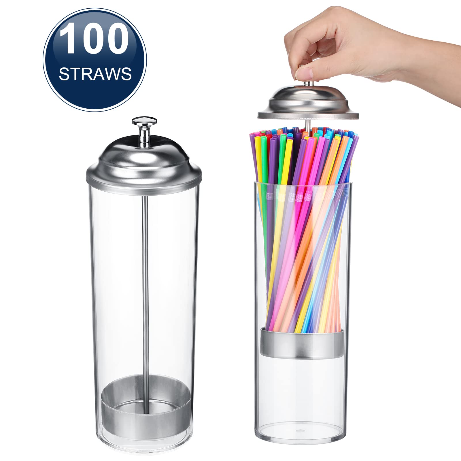 Plastic Straw Dispenser and 100 Pcs Drinking Straw Organizer Container with Stainless Steel Lid Transparent Drinking Straw Holder Striped Plastic Straw Plastic Drinking Straw (Bright Colors)