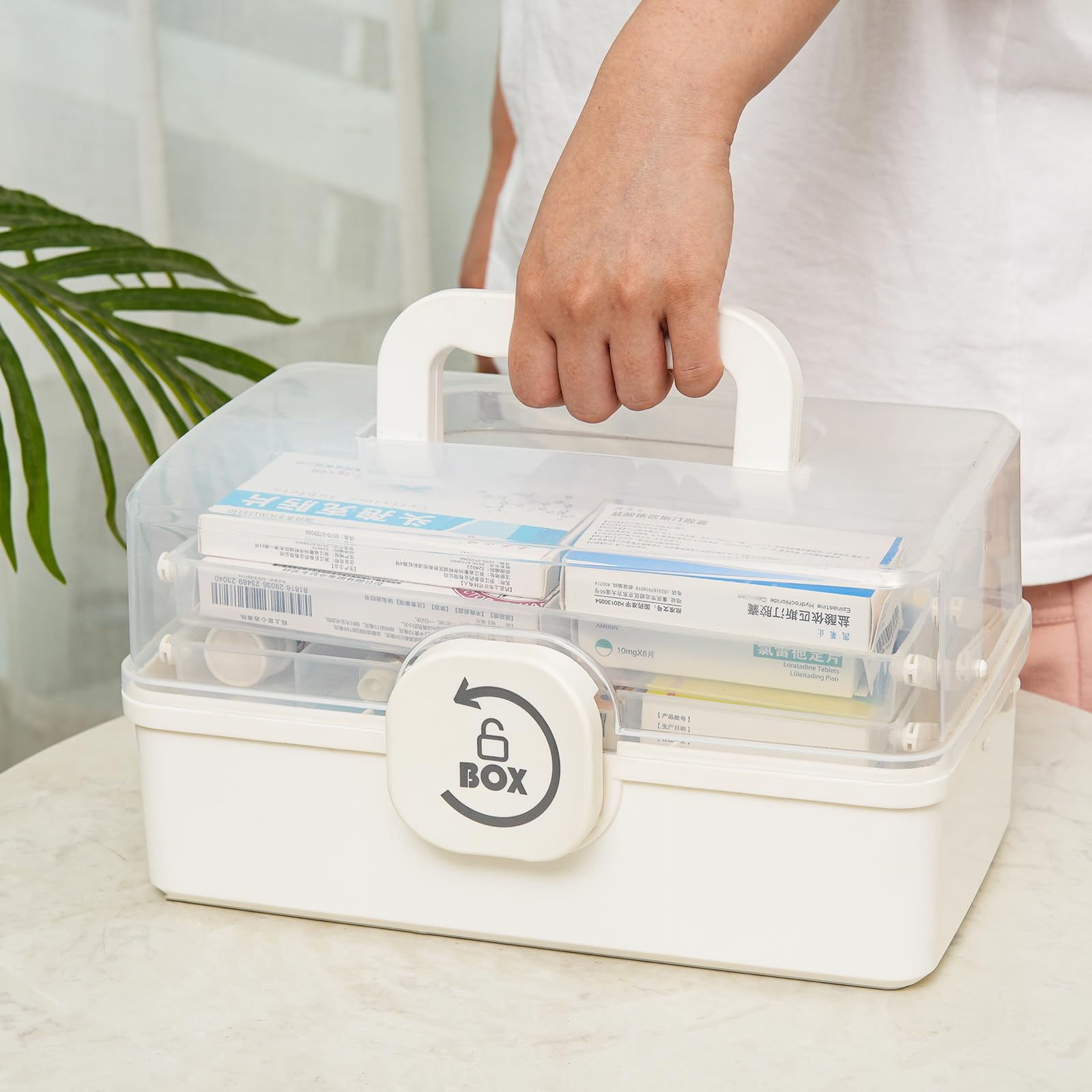 PENGKE Medicine Box with Portable Handle,First Aid Box Medication Storage Box for Family Use,3Layers Emergency Medicine Kit Box Organizer for Family,Office and Travel(White)