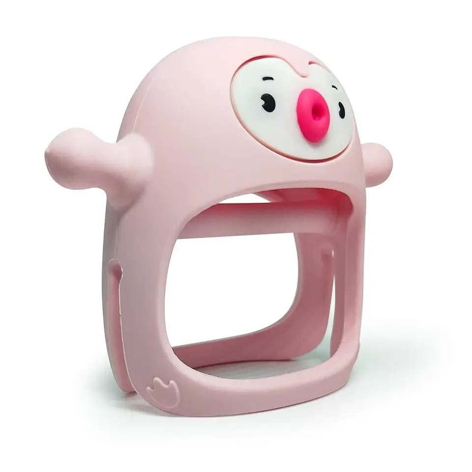 Wearable Penguin Teether, Never Drop Silicone Baby Teething Toy for Infants, Chew Toys for Sucking Needs, Hand Pacifier for Breast Feeding Babies, Car Seat Toy for New Born (Pink)