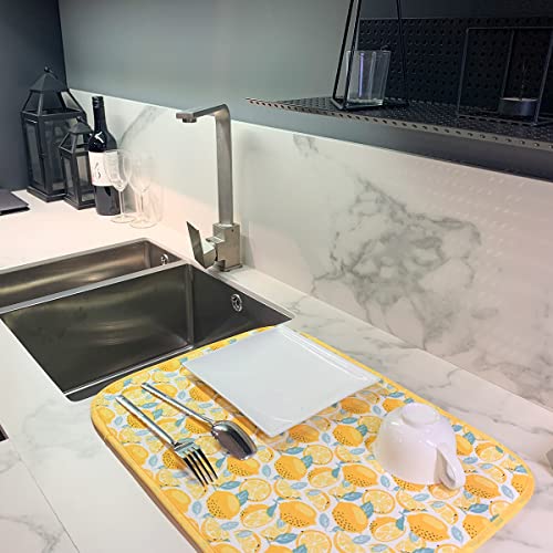 Reversible Ultra Absorbent Microfiber Dish Drying Mats 2 Pack. Air Dry Plates, Bowls, Flatware, Cups, Mugs and More on Kitchen Countertops. Machine Washable and Super Fast Drying (Lemon)