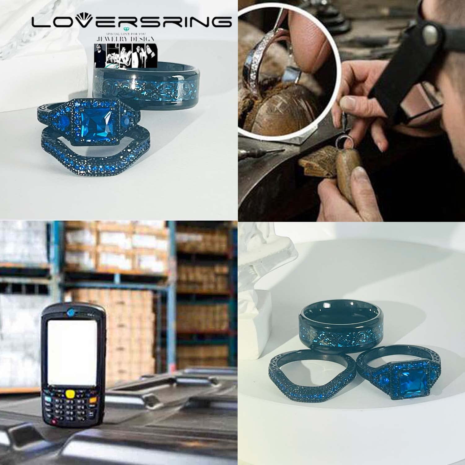 LOVERSRING Couple Ring Bridal Set His Hers Black Gold Filled Blue Cz Stainless Steel 10k Wedding Ring Band