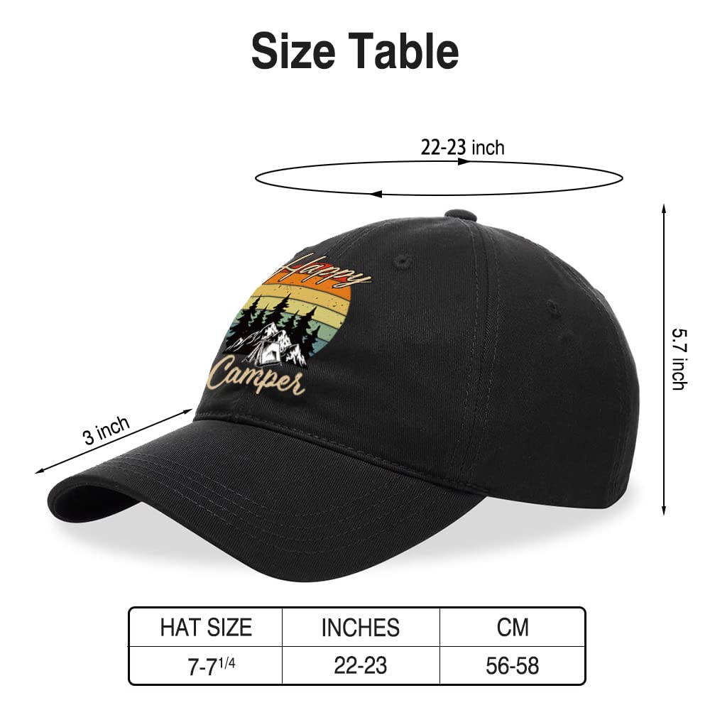 Pishovi Happy Camper Fun Baseball Cap, Vintage Adjustable Cotton Cap, Birthday Gift for Dad, Mom, Husband, Wife, Gift for BFF Colleagues, Camping Lovers Black
