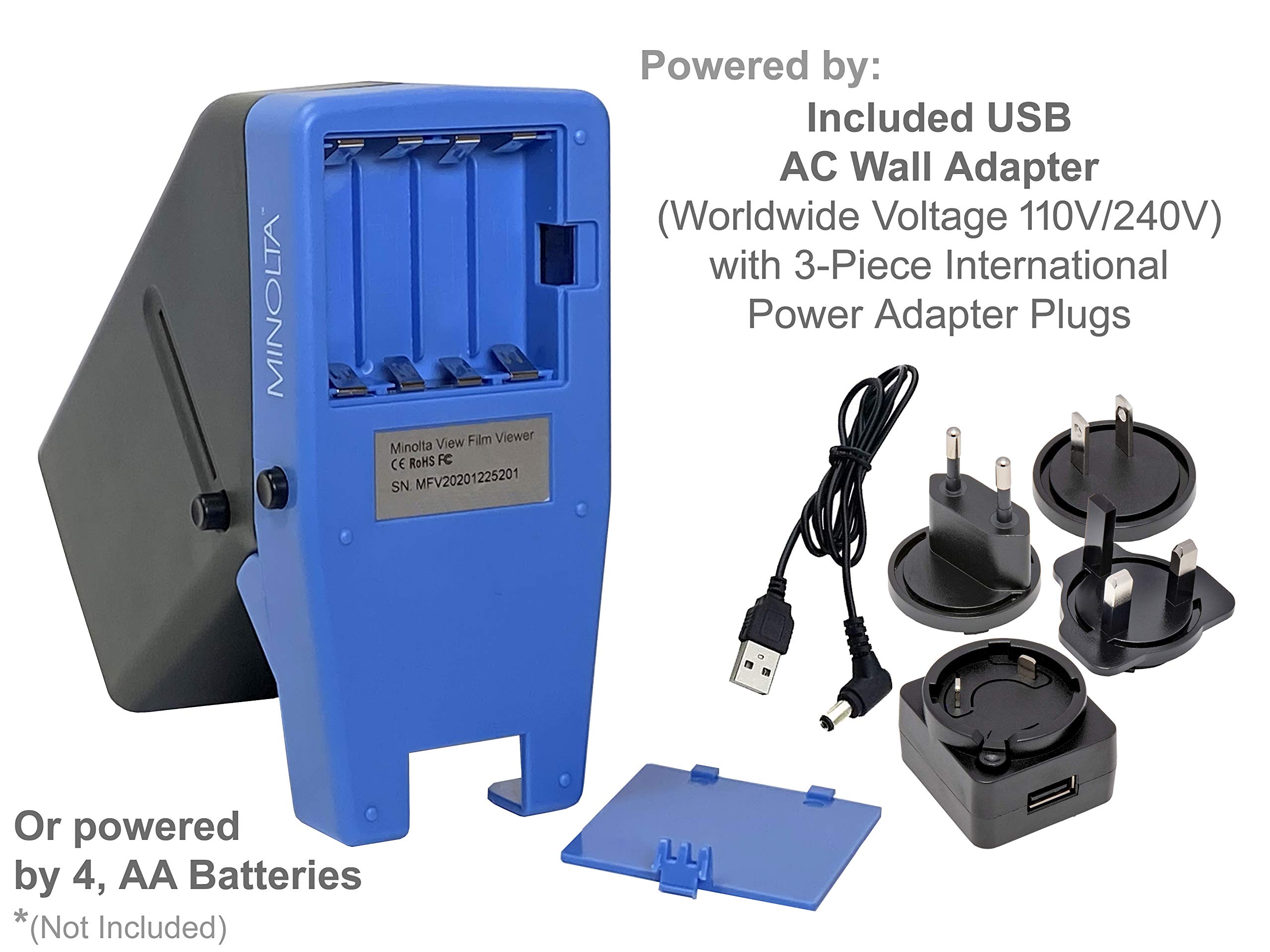 MINOLTA 35mm Desk Top Portable LED Slide and Negative Viewer Luminated 3X Magnify β for 2"x2" Slides & Positive Negatives - Worldwide AC Adapter & Plugs, Battery Operation & Cloth