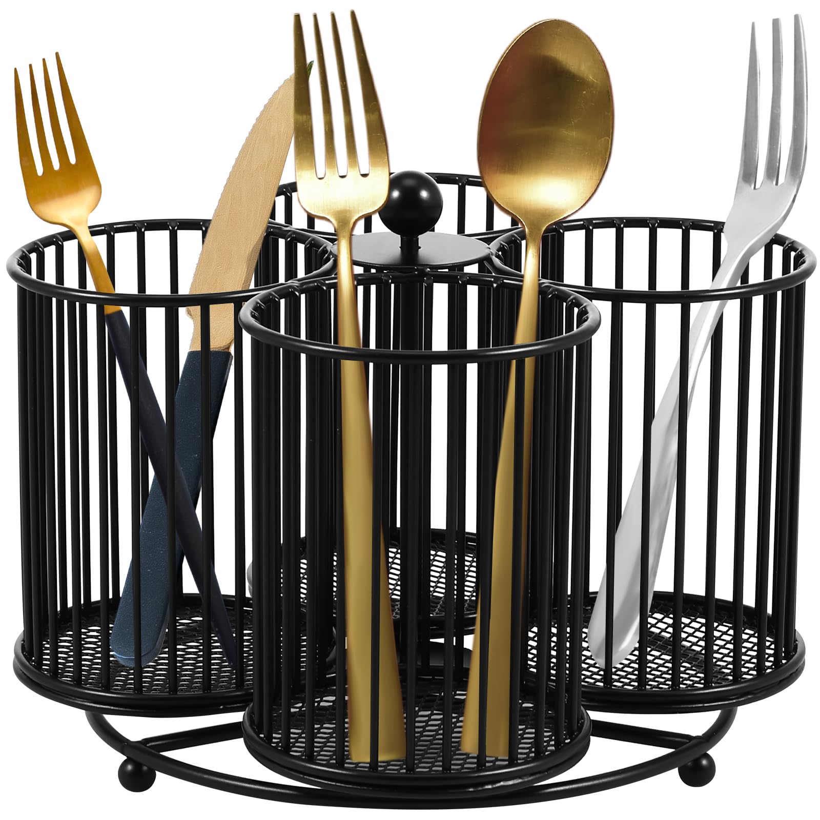 Metal Utensil Caddy 360 Degree Rotating Cutlery Holder 4 Compartment Flatware Storage Basket Portable Multipurpose Countertop Silverware Organizer for Kitchen Picnic Camping Outdoor(16*16*14cm,black)