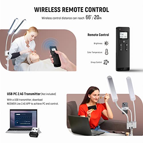 NEEWER Esthetician Light with Phone Holder & Travel Bag Kit, Support 2.4G/PC/MAC Control & Separate Control of 2 LED Light Heads, CRI98+ Bi Color Stepless Dimmable Tattoo Lighting Lash Lamp, BH40B