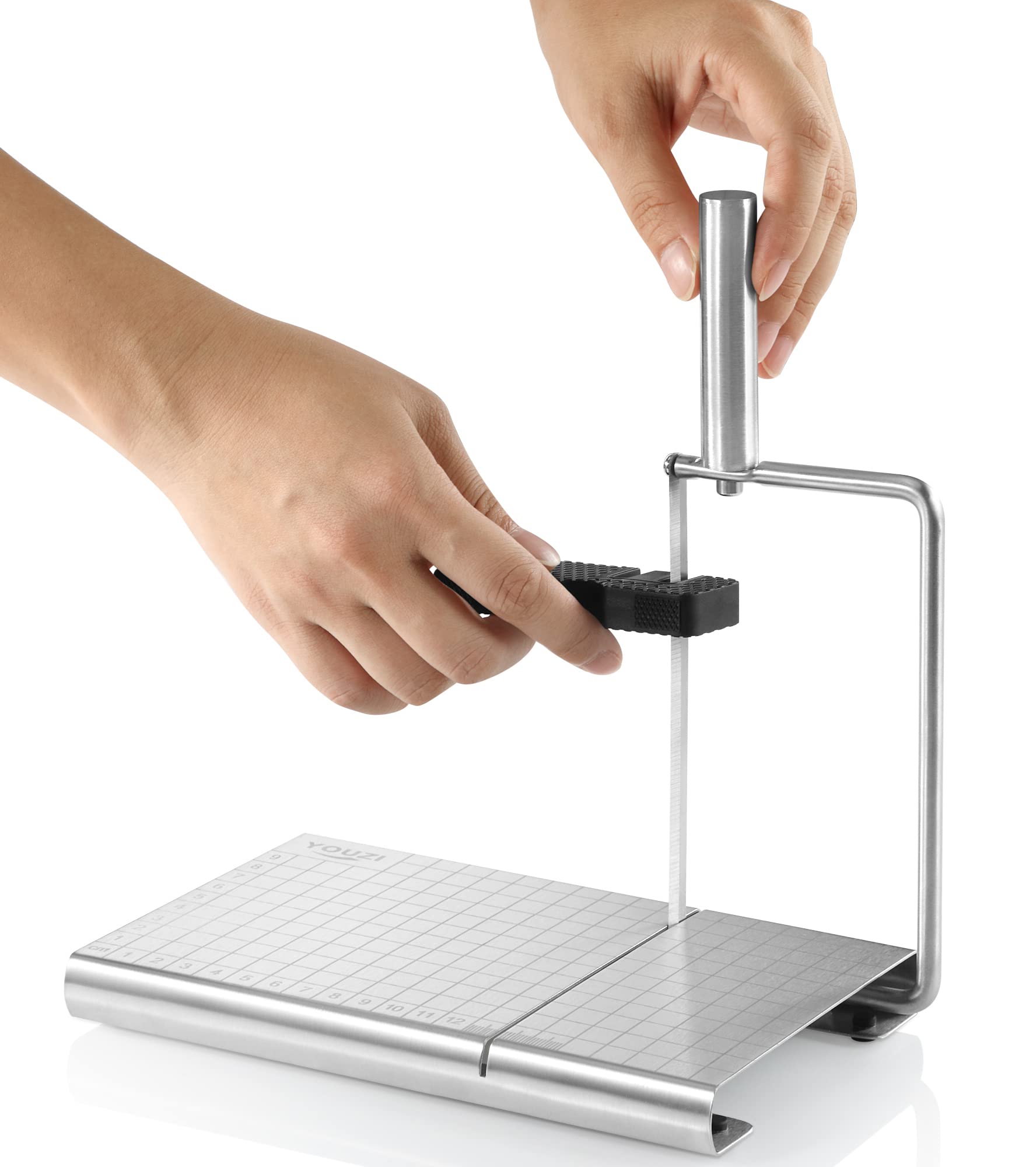 Stainless Steel Cheese Slicer - Multipurpose Cheese Slicer Board & Food Cutter with 4" Blade, 5" x 8" with Accurate Size Scale for Cutting Cheese Butter Vegetables Sausage Herbs & More (No Wire)
