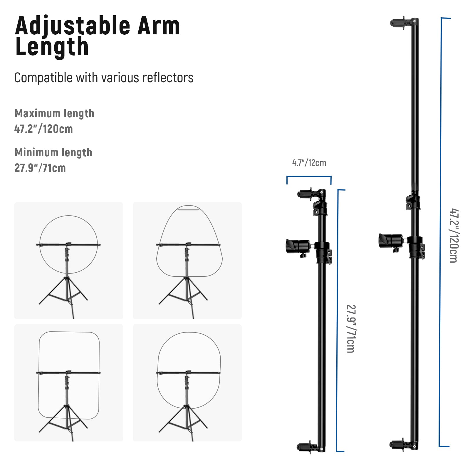 NEEWER Extendable Reflector Holder Arm with 6.6'/2m Stand & Bag, Photo Studio Telescopic 27.9” to 47.2” Boom Arm 360° Swivel Reflector Bracket for Product, Portrait, Studio & Outdoor Photography