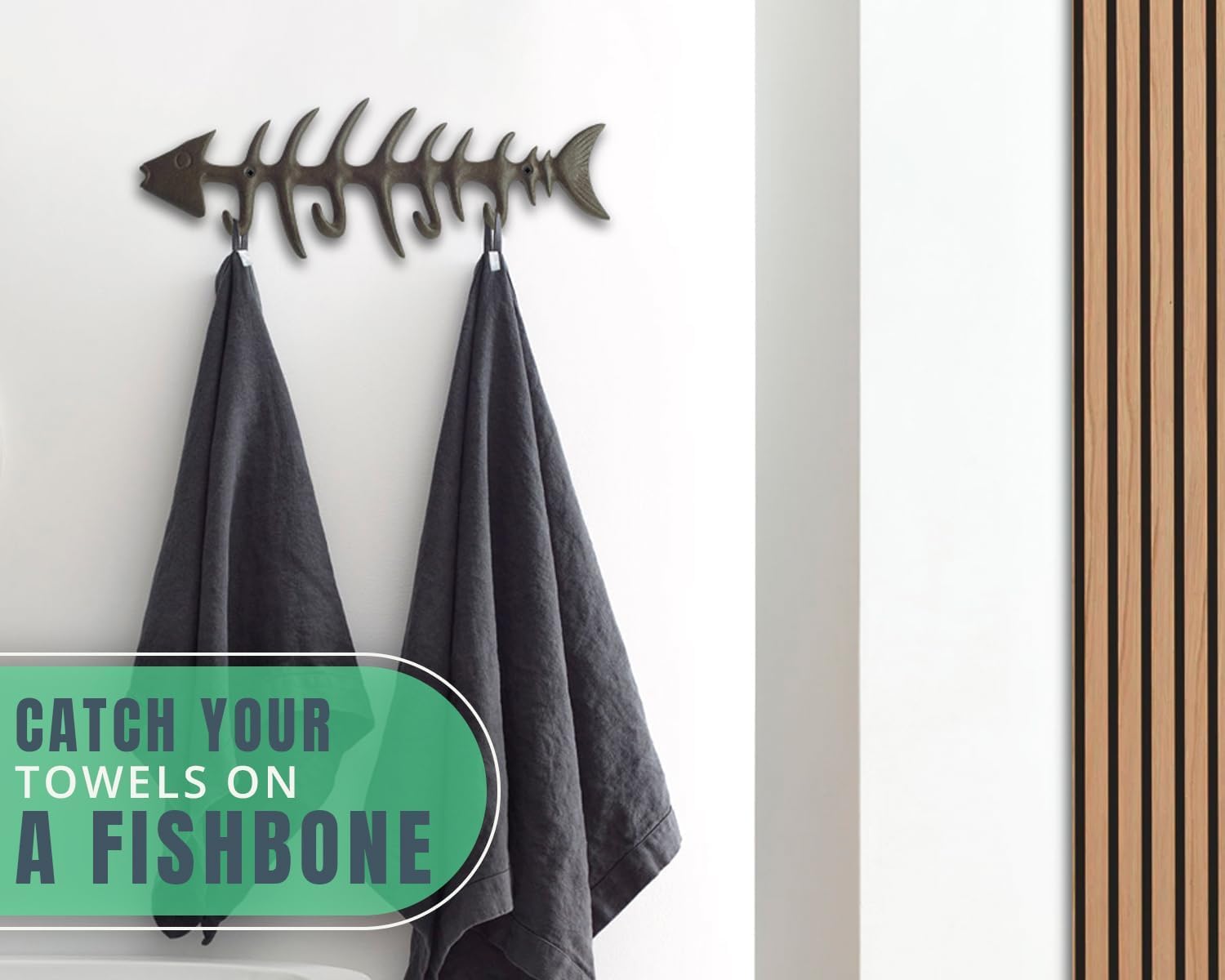 Wusdayer Fish Bones Rack Wall Mounted,Fish Decor Outdoor Towel Hooks,4 Hooks European Style Towel Metal Hand Towel Holder for Home Kitchen (Large)