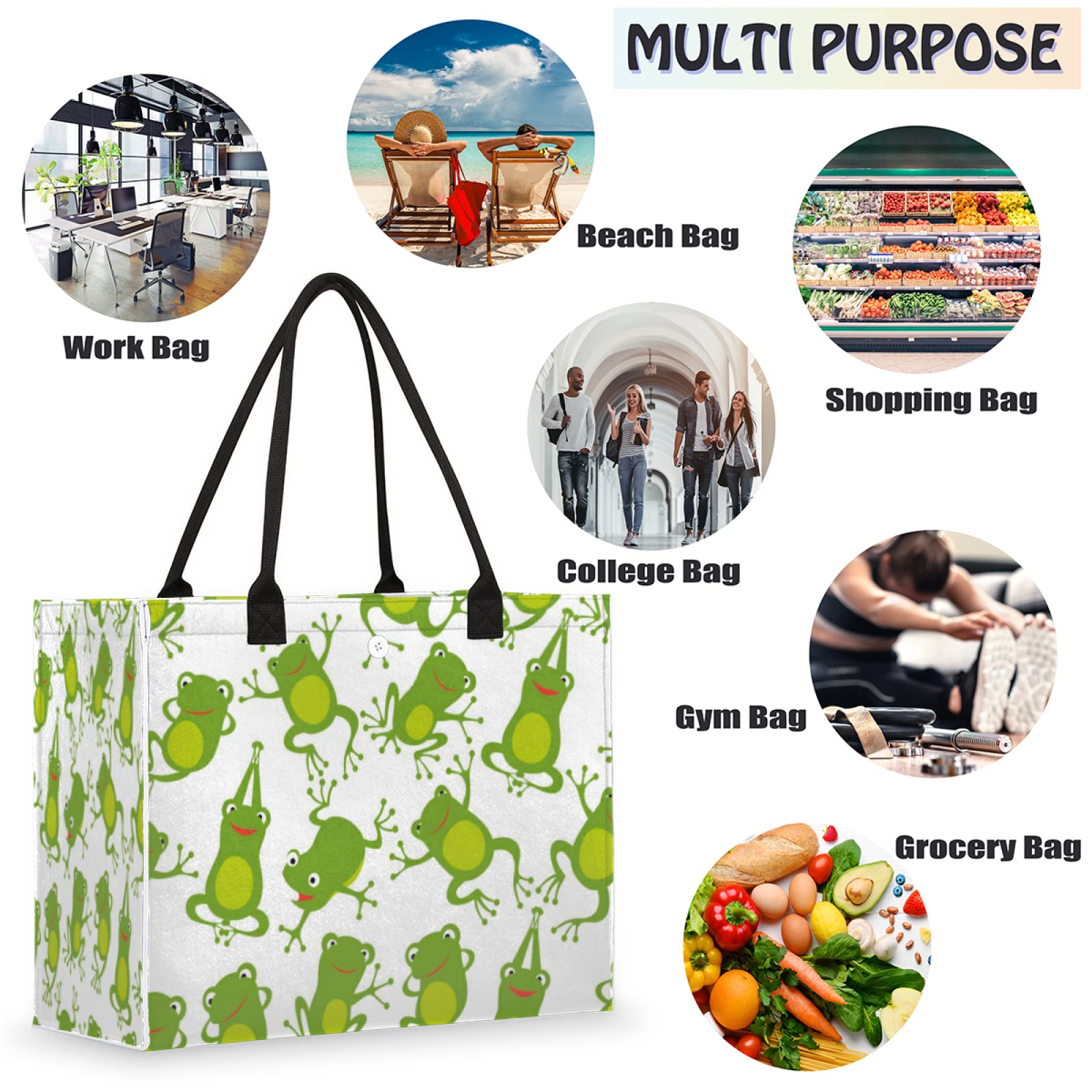 Pardick Frog Cute Tote Bag For Women Travel Bag Reusable Grocery Bag Utility Tote For Work Shopping Pool Beach Bag for Gift Outdoor