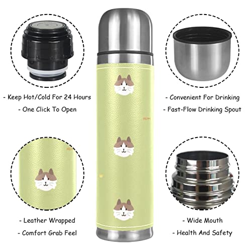 Stainless Steel Leather Vacuum Insulated Mug Strawberry Cat Thermos Water Bottle for Hot and Cold Drinks Kids Adults 16 Oz