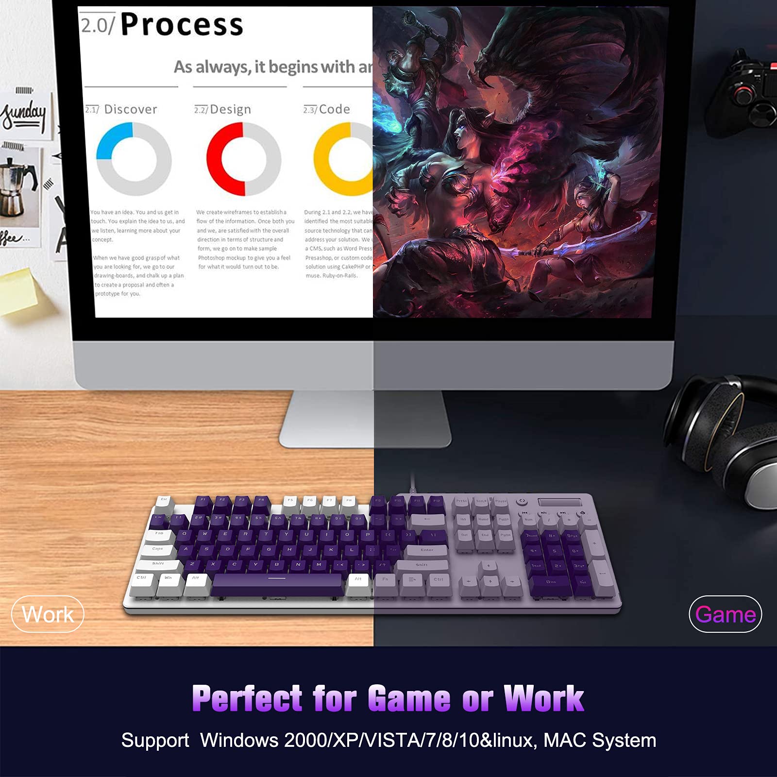 Mechanical Gaming Keyboard Hot Swappable with Multi Monochromatic Backlight 104 Key Anti-ghosting Ergonomic Metal Plate Multimedia Key USB Wired for PC Mac Gamer Office Typist(White Purple/Red Switch)