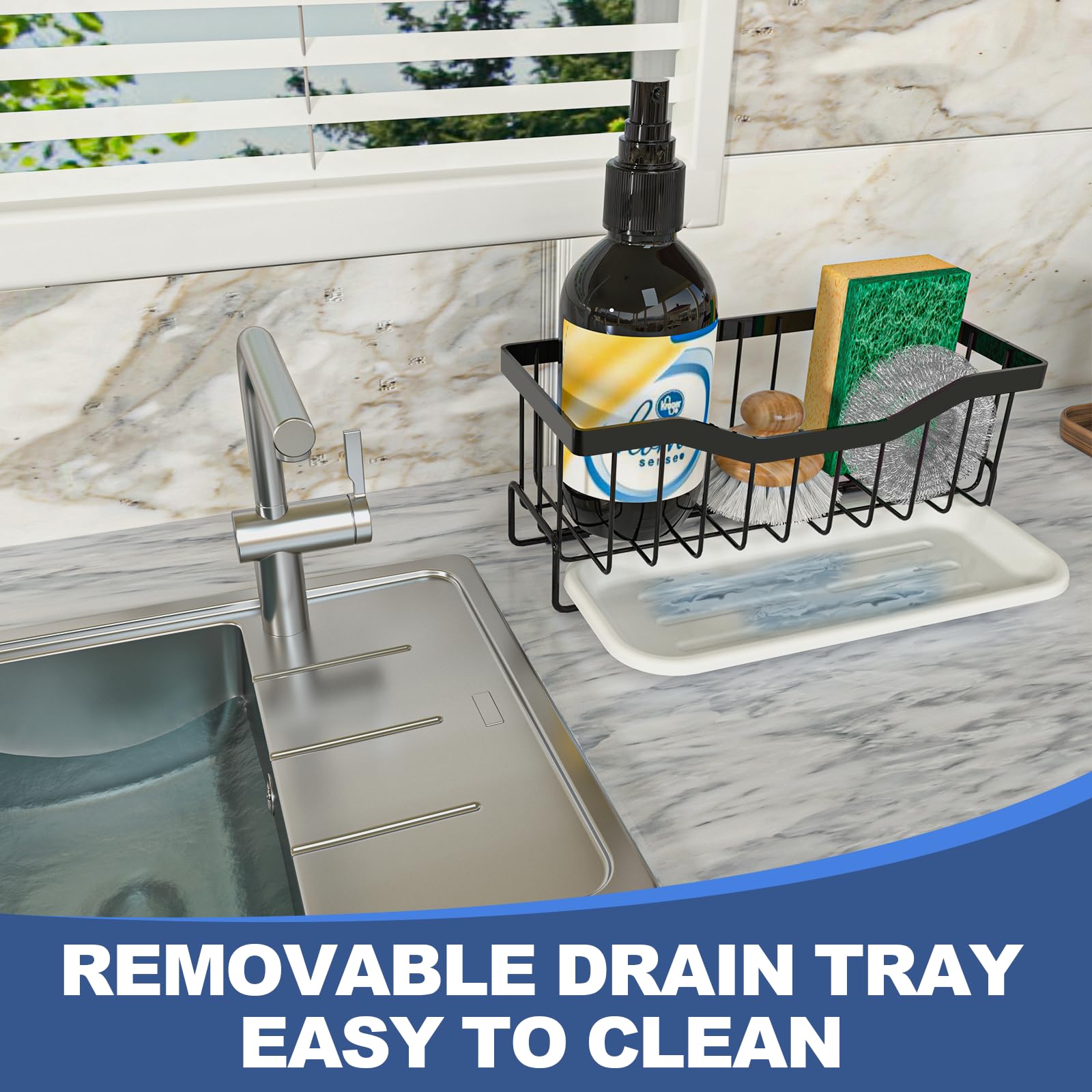 Maifan Kitchen Sink Caddy Sink Organizer, Sponge Caddy Holder for Kitchen Sink, Stainless Steel Rustproof Dish Kitchen Caddy Brush Holder with Drain Tray for Kitchen Countertop Storage Gadgets