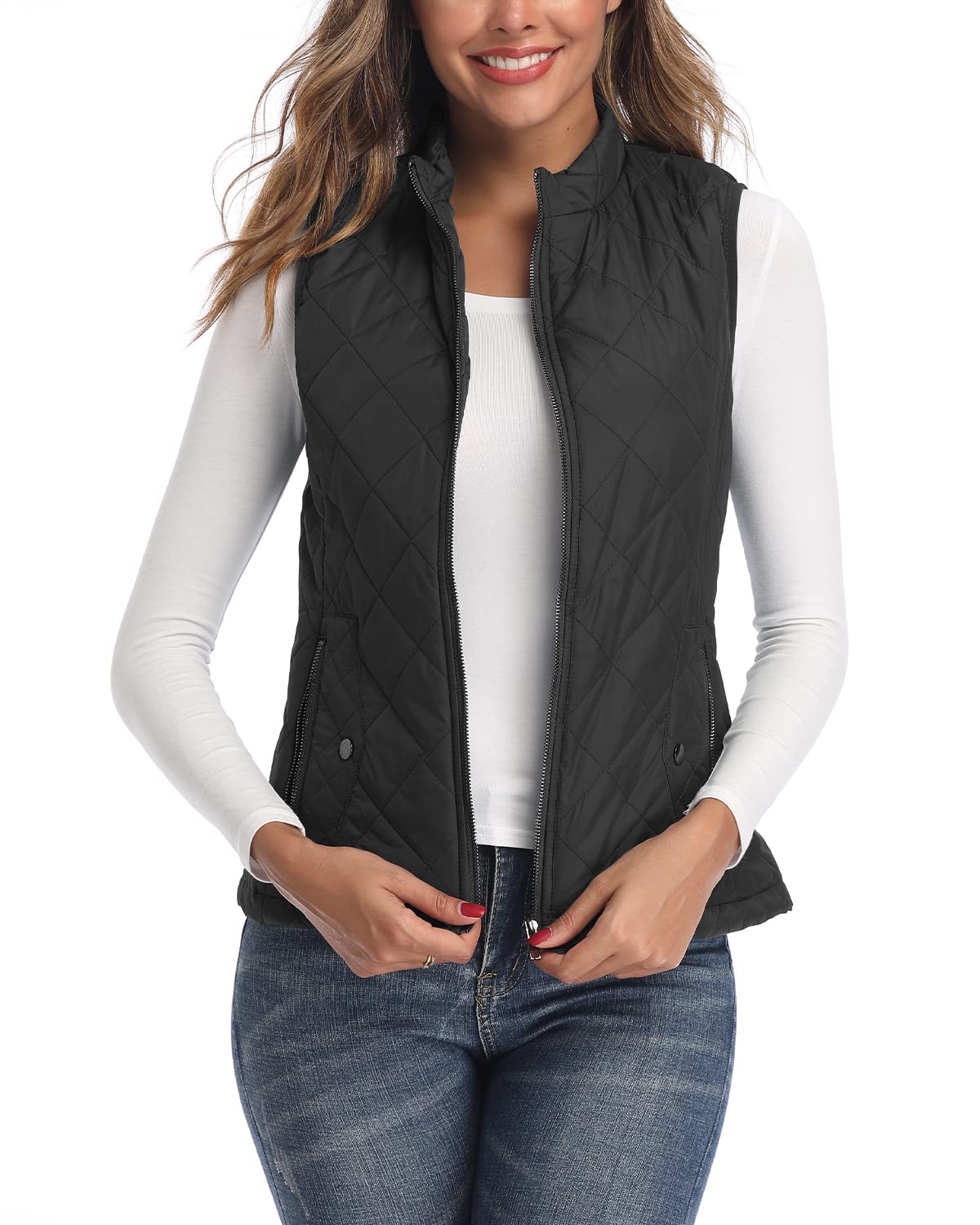 LONGKING Black Women's Vest, Stand Collar Lightweight Zip Quilted Vest for Women L