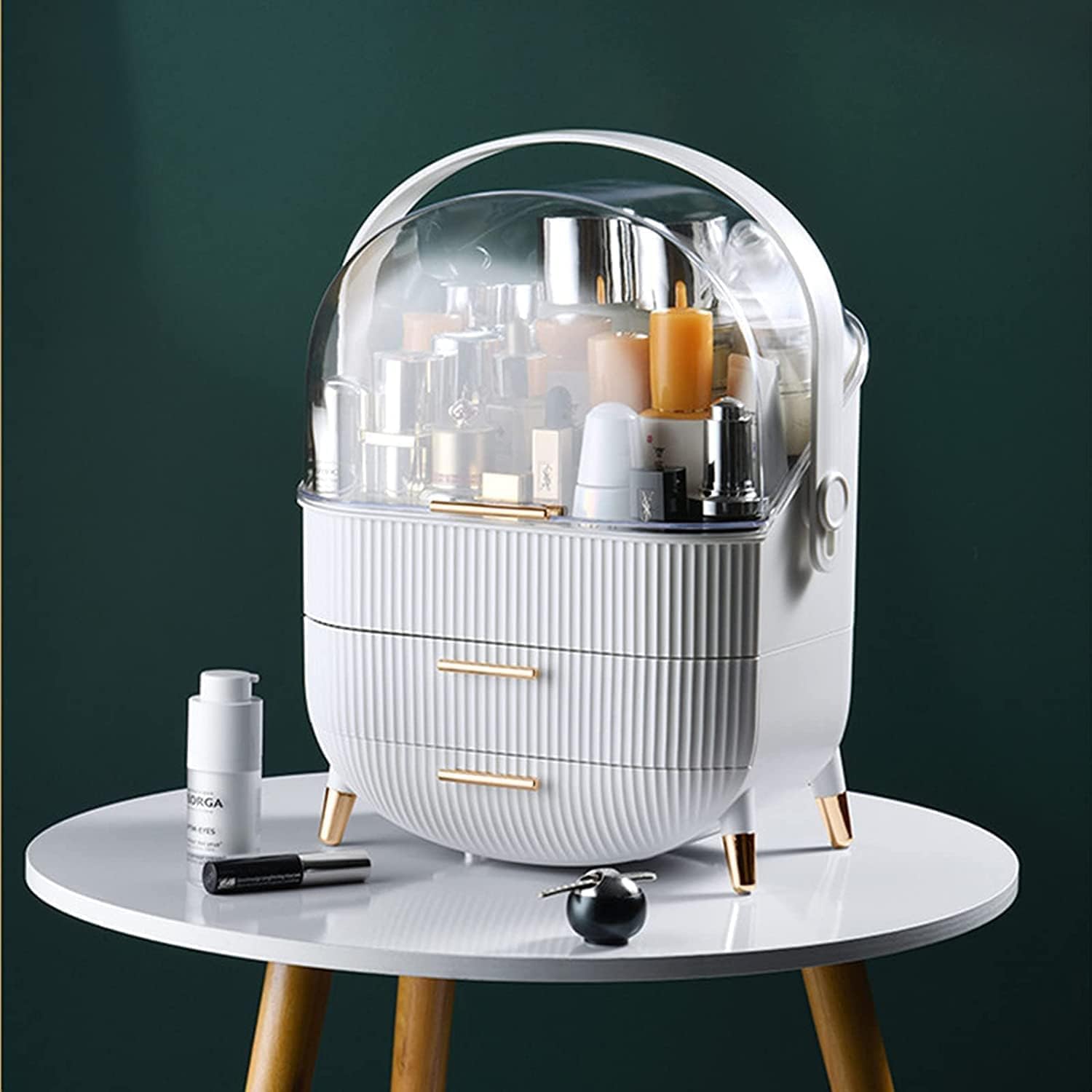 Makeup Storage Organizer, Skincare Organizers Cosmetic Display Case with Dust Free Cover Portable Handle, Waterproof Makeup Box for Vanity Countertop Bathroom Dresser- White