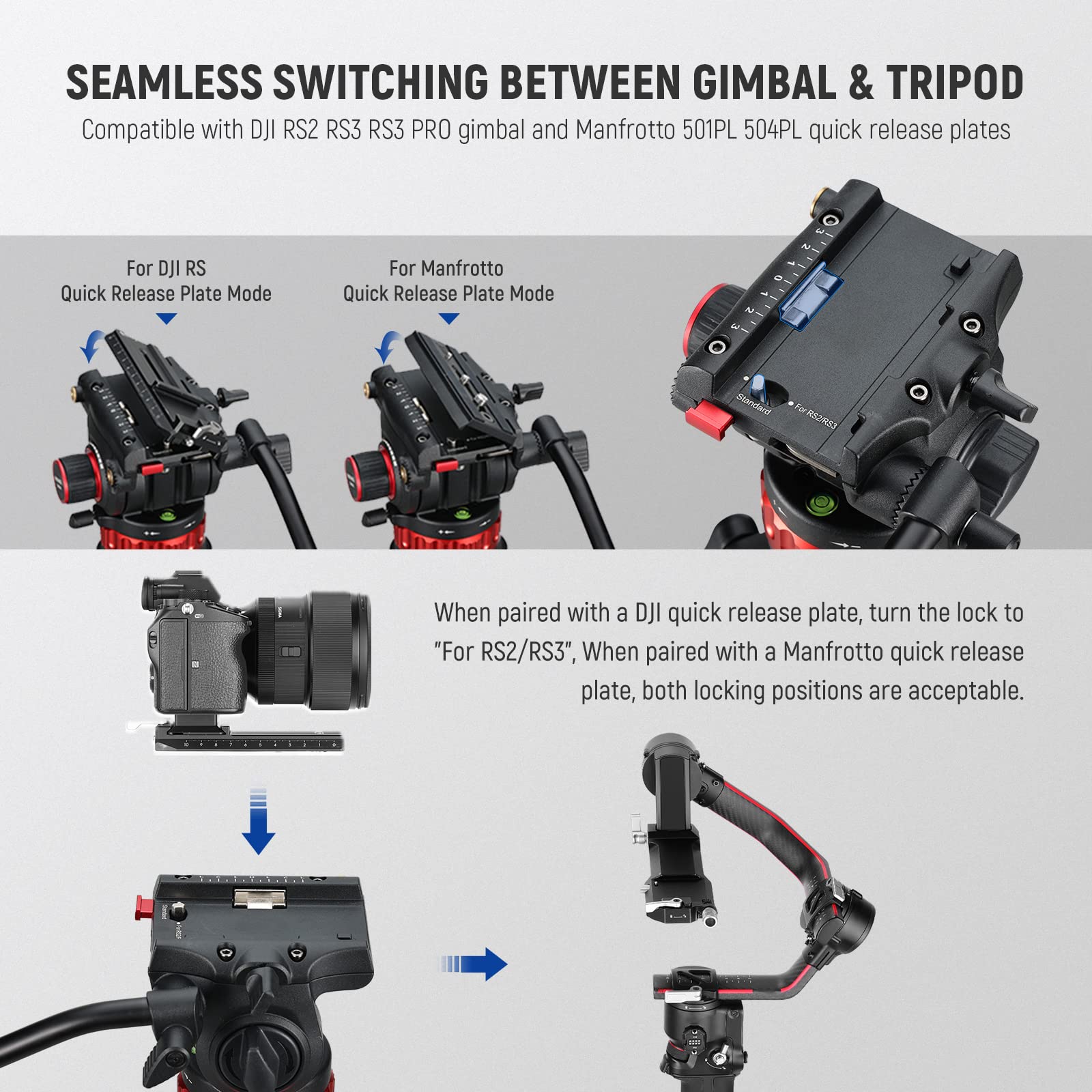 NEEWER Pro Video Tripod Fluid Head with Stepless Adjustable Pan & Tilt Damping, All Metal Heavy Duty QR Plate Compatible with DJI RS Gimbals Manfrotto, Handle, β75mm Base, Max Load 22lb/10kg, GM006