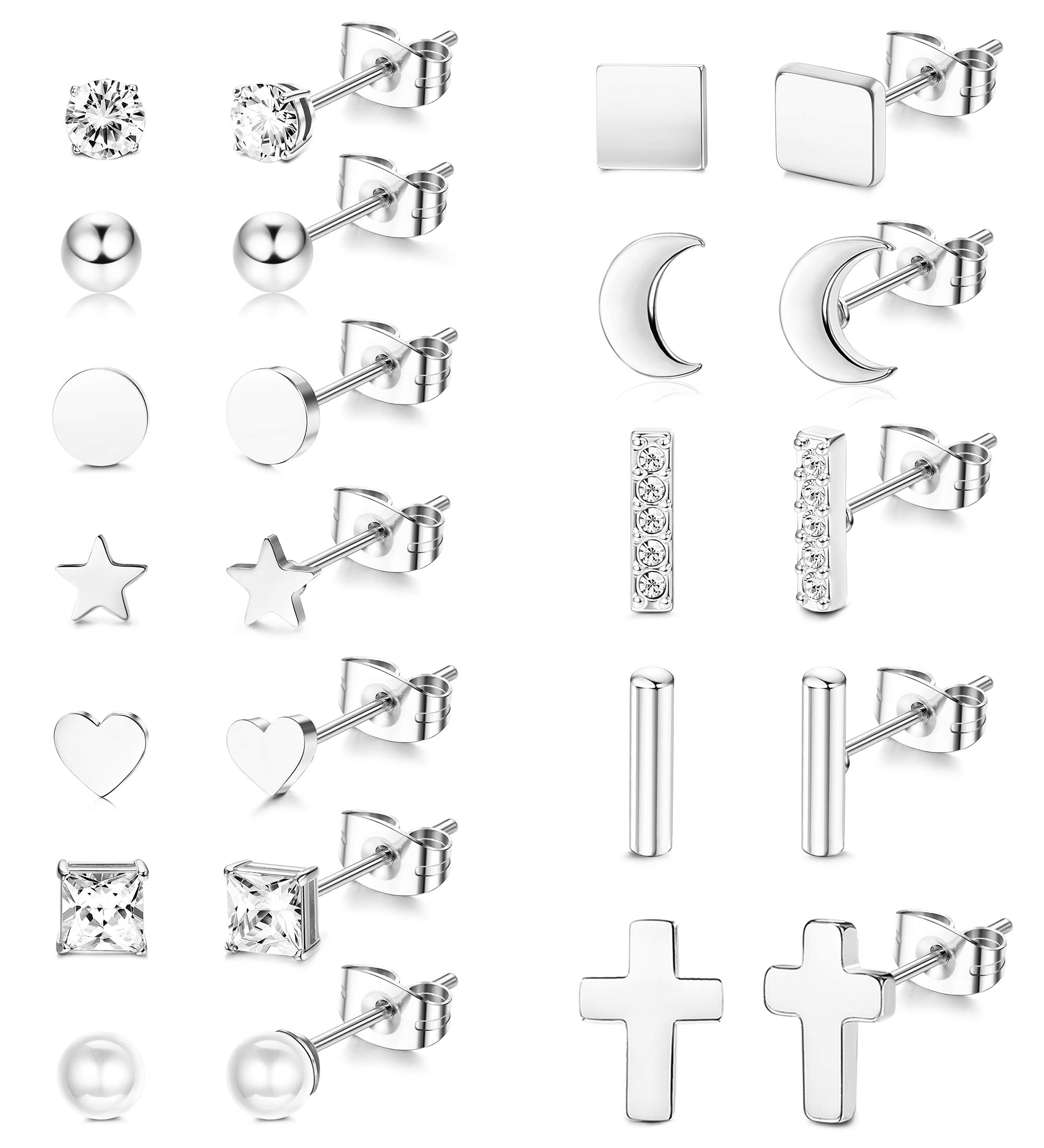 LOYALLOOK 12Pairs Stainless Steel Stud Earrings for Women Men Heart Star Moon CZ Cute Tiny Cartilage Minimalist Geometric Stud Earrings Hypoallergenic Stud Earrings Set for Multiple Piercing