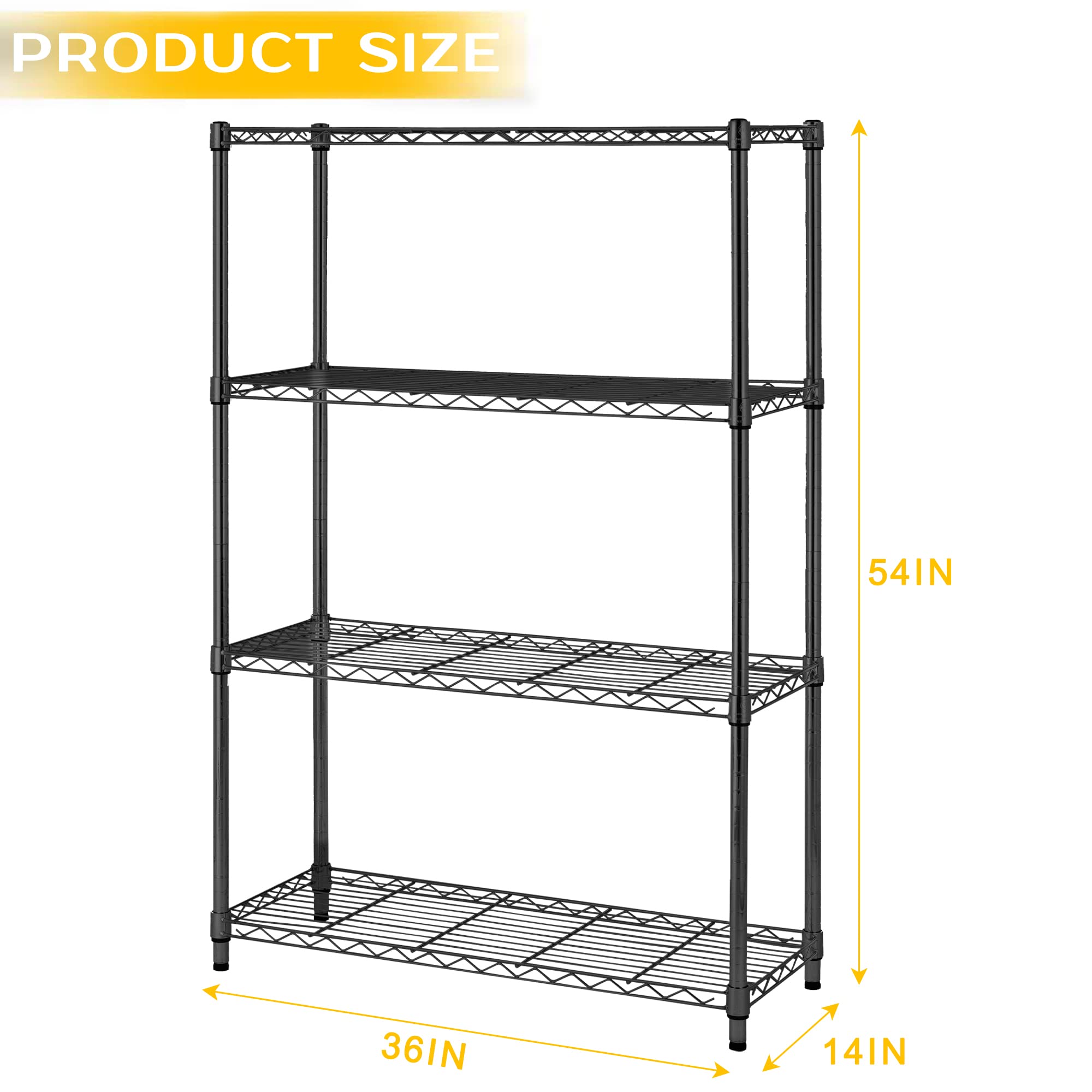 Vnewone 4-Tier Storage Shelves Large Wire Shelving Unit NSF Metal Garage Shelving 54”x36”x14” 1000 LBS Capacity Heavy Duty Height Adjustable Commercial Grade Utility Steel Rack with Wheels,Black
