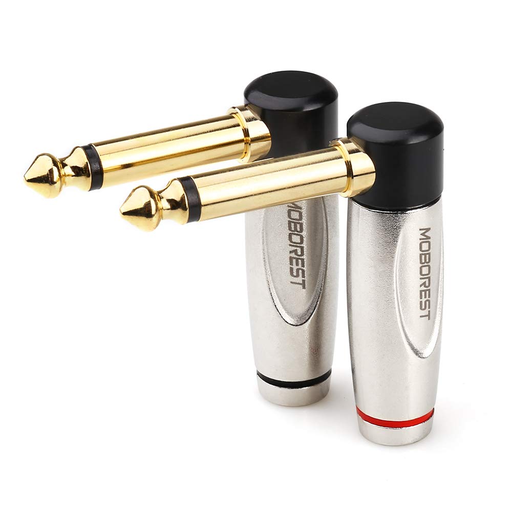 MOBOREST Audio 1/4" TS Plug, 6.35mm Heavy Duty TS Mono Male Solder Jack Connector for Speaker/Guitar/Microphone Cables (1/4 TS Angle Plug 2PCS)