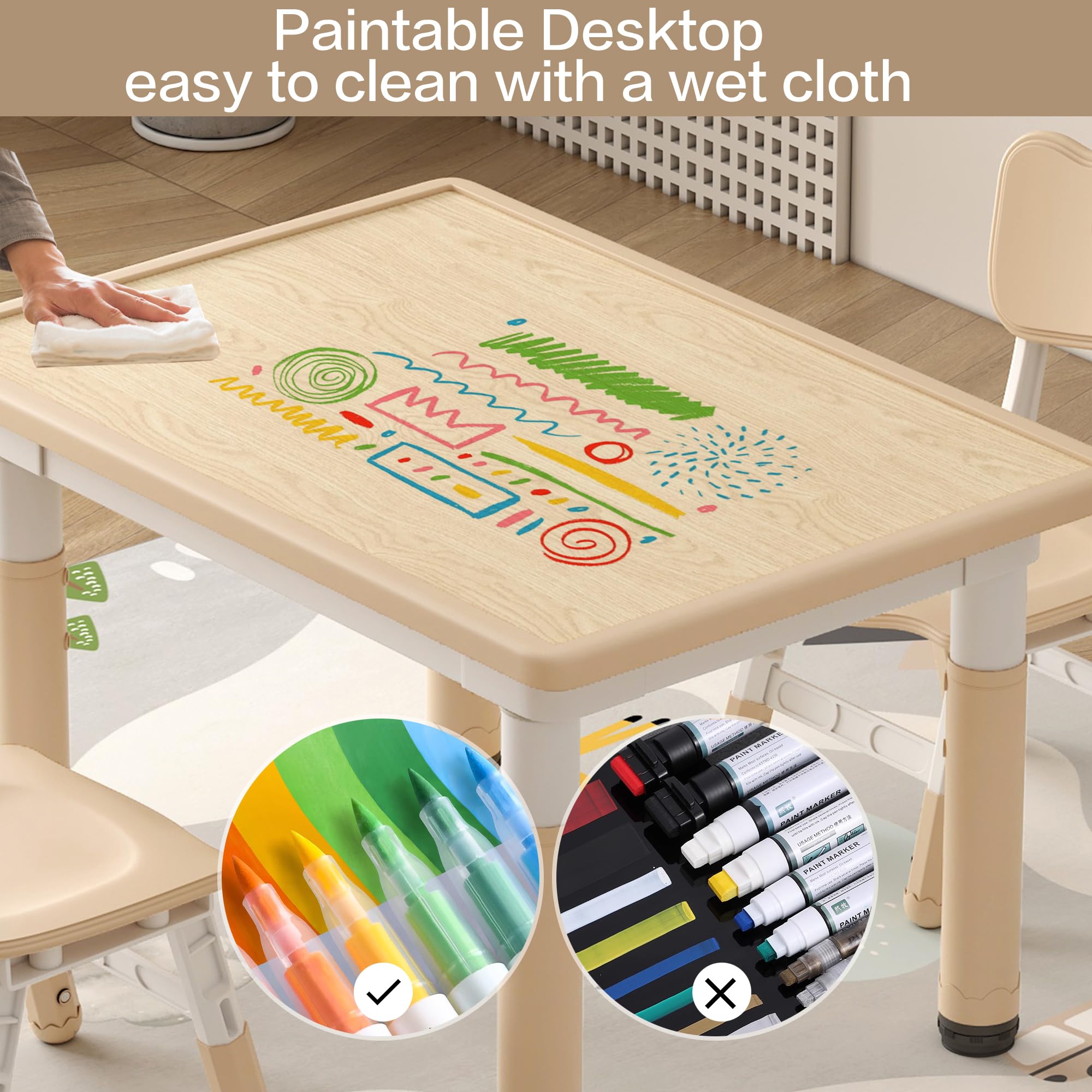 YAIWOMI Kids Table and Chairs Height Adjustable, Toddler Table and Chairs, 31.5''L x 23.6''W Graffiti Table with 4 Chairs, for Reading, Drawing, Eating, for Ages 3-8, Grey