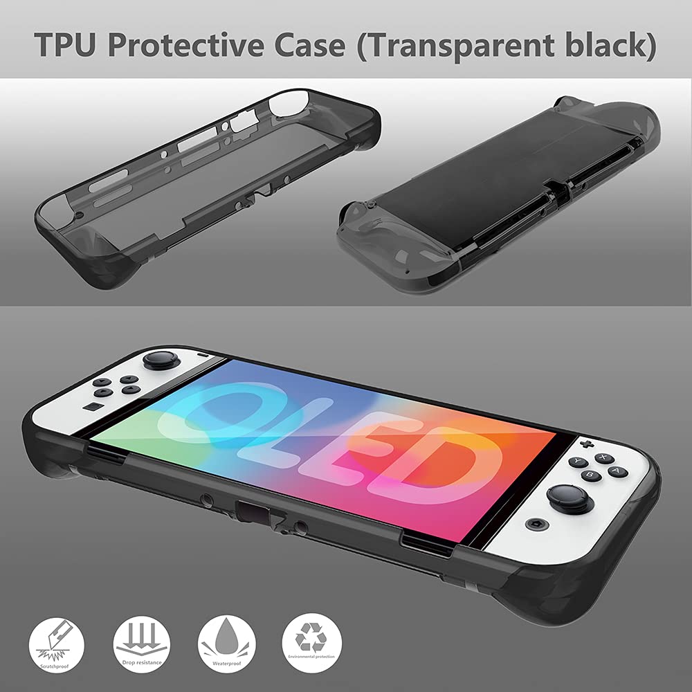 omarando TPU Case Cover Accessories Kit for Nintendo Switch (OLED Model),Shoulder Bag for Switch,with Tempered Glass Screen Protector,Thumb Grip Caps .Mini Travel playstand (Black)