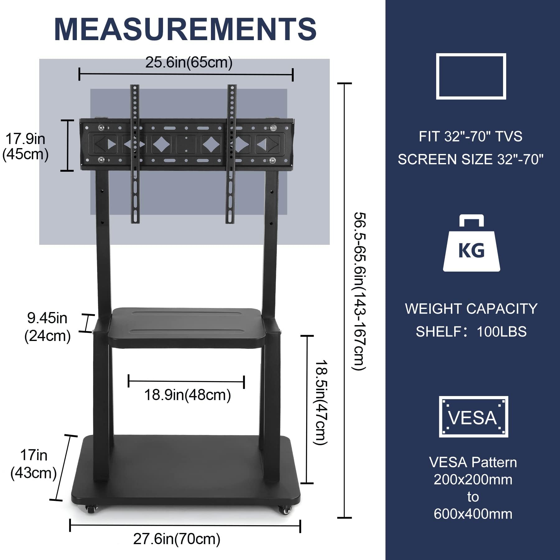 Maiproo Mobile TV Cart Rolling Floor Stand for 32-70 Inch LCD LED OLED Flat Panel Screens Smartboard Movable Holds up to 100lbs with Shelf Locking Wheel Height Ajustable Heavy-Duty