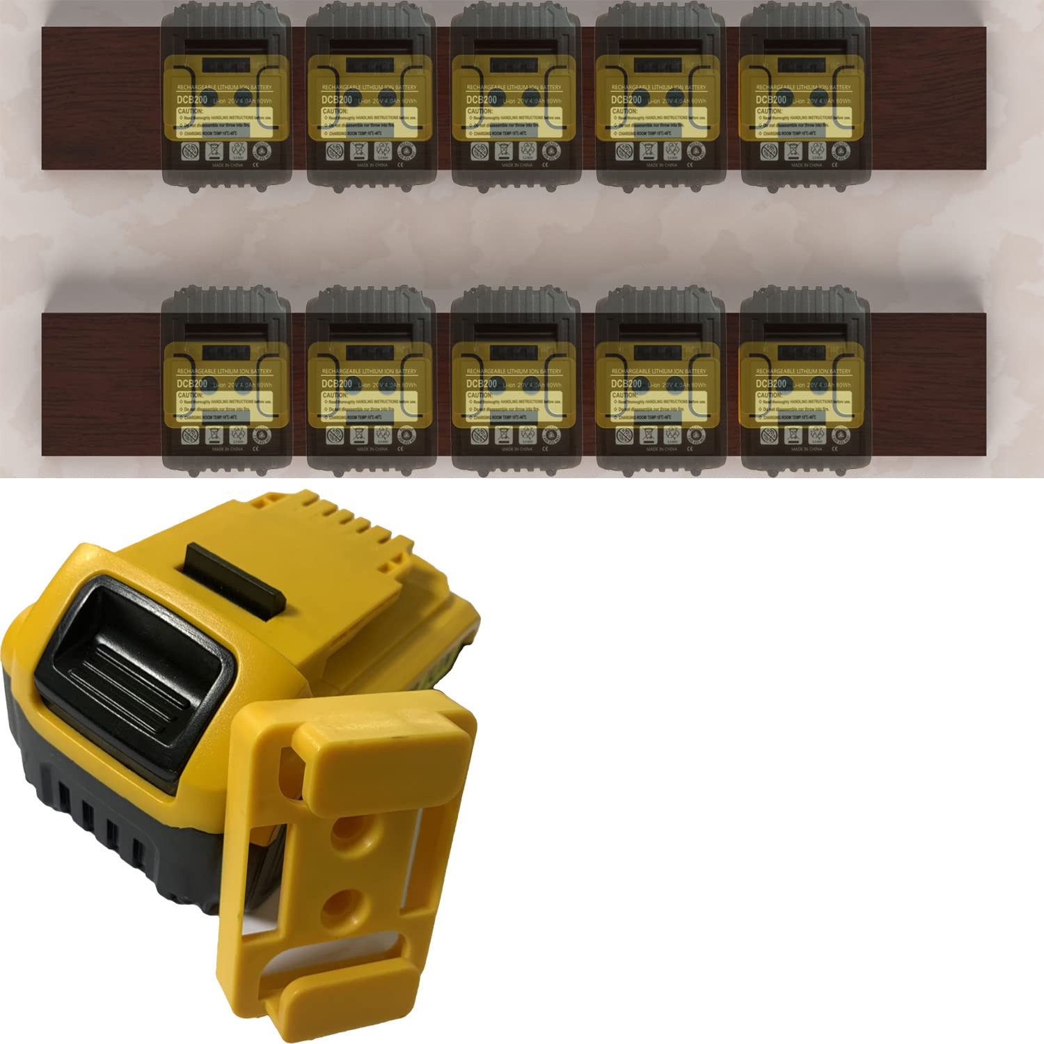 SZWJT-LV Battery Rack Compatible DeWalt 20V Battery Holder, Battery Garage Tool, Dewallt 20v Tools, Wall Display Hook Holder (10PCS, Yellow)