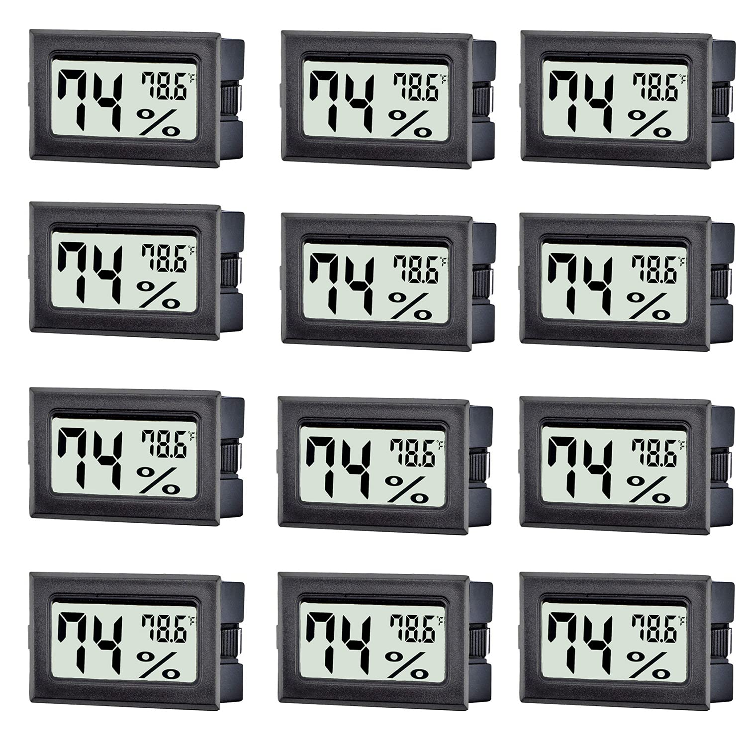 TASOGEN 12 Pack Mini Digital Thermometer Hygrometer Indoor Temperature and Humidity Gauge Meter Monitor Fahrenheit (℉) for Humidor,Greenhouse,Reptile Tank,Home,Jars