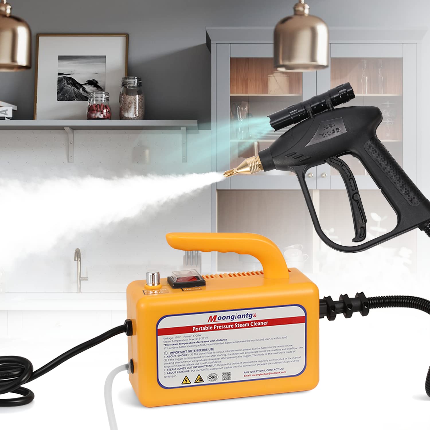 Moongiantgo 1700W High Pressure Steam Cleaner Handheld Portable Instant Steam Cleaning Machinefor Commercial Home USe Kitchen Bathroom Grout Tile Car Detailing (Yellow, 110V)