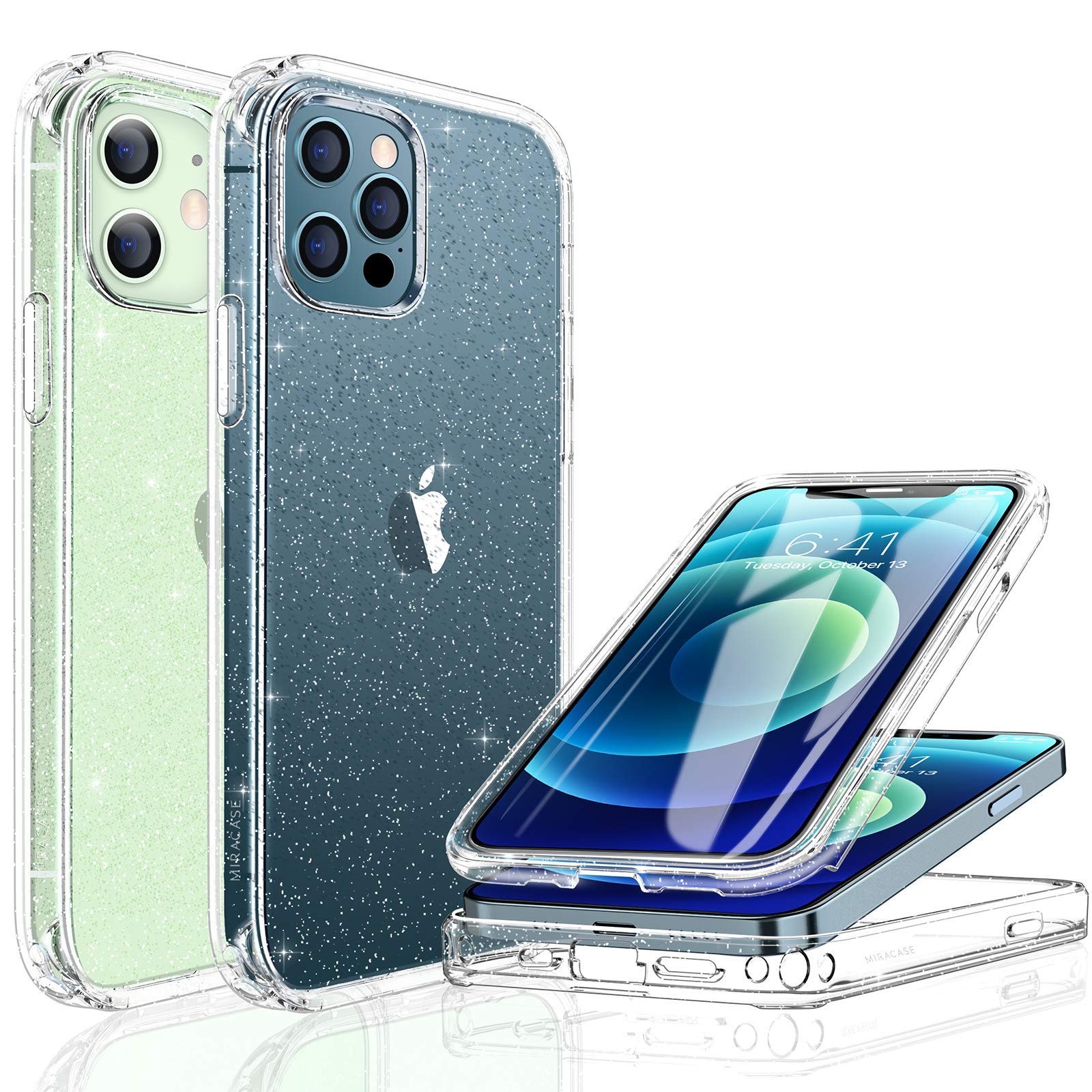 Miracase Glass Series for iPhone 12 Case for iPhone 12 Pro Case, [2022 Upgraded] Full-Body Rugged Bumper Case with Built-in 9H Tempered Glass Screen Protector + Camera Lens Protector Clear