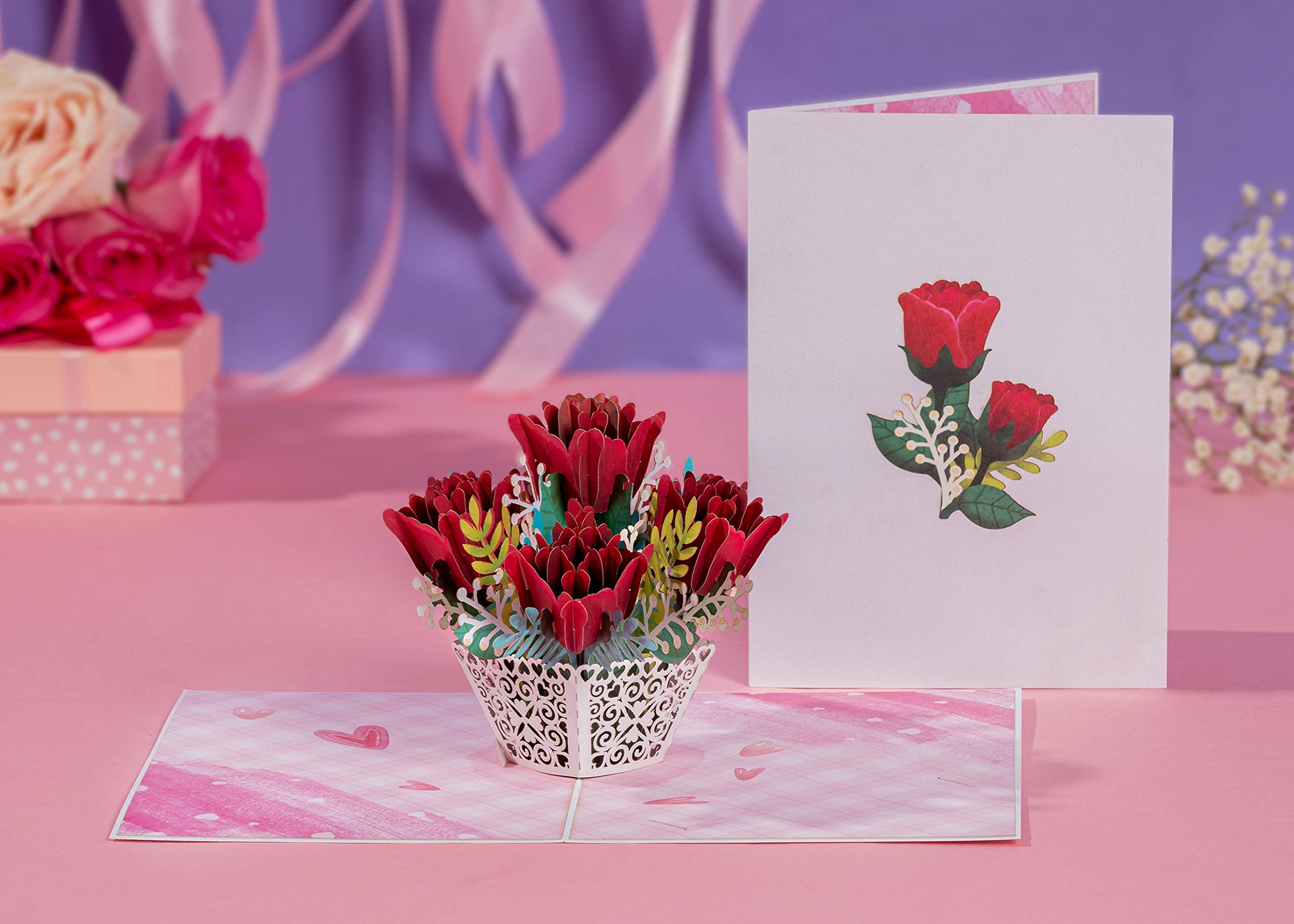Paper Love 3D Lovely Roses Pop Up Card, Gift for Birthday, Wedding, Anniversary, Thank You, Get Well, All Occasion or Just Because - 5" x 7" Cover - Includes Envelope and Note Tag