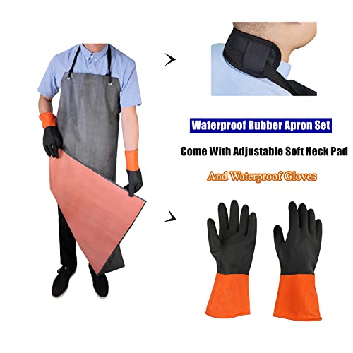 Rubber Apron Waterproof with Thick Rubber Gloves for Men and Women, Heavy Duty Butcher Apron with Adjustable Neck Pad, Chemical Aprons, Long Waterproof Apron for Dishwashing, Cleaning, Lab Work