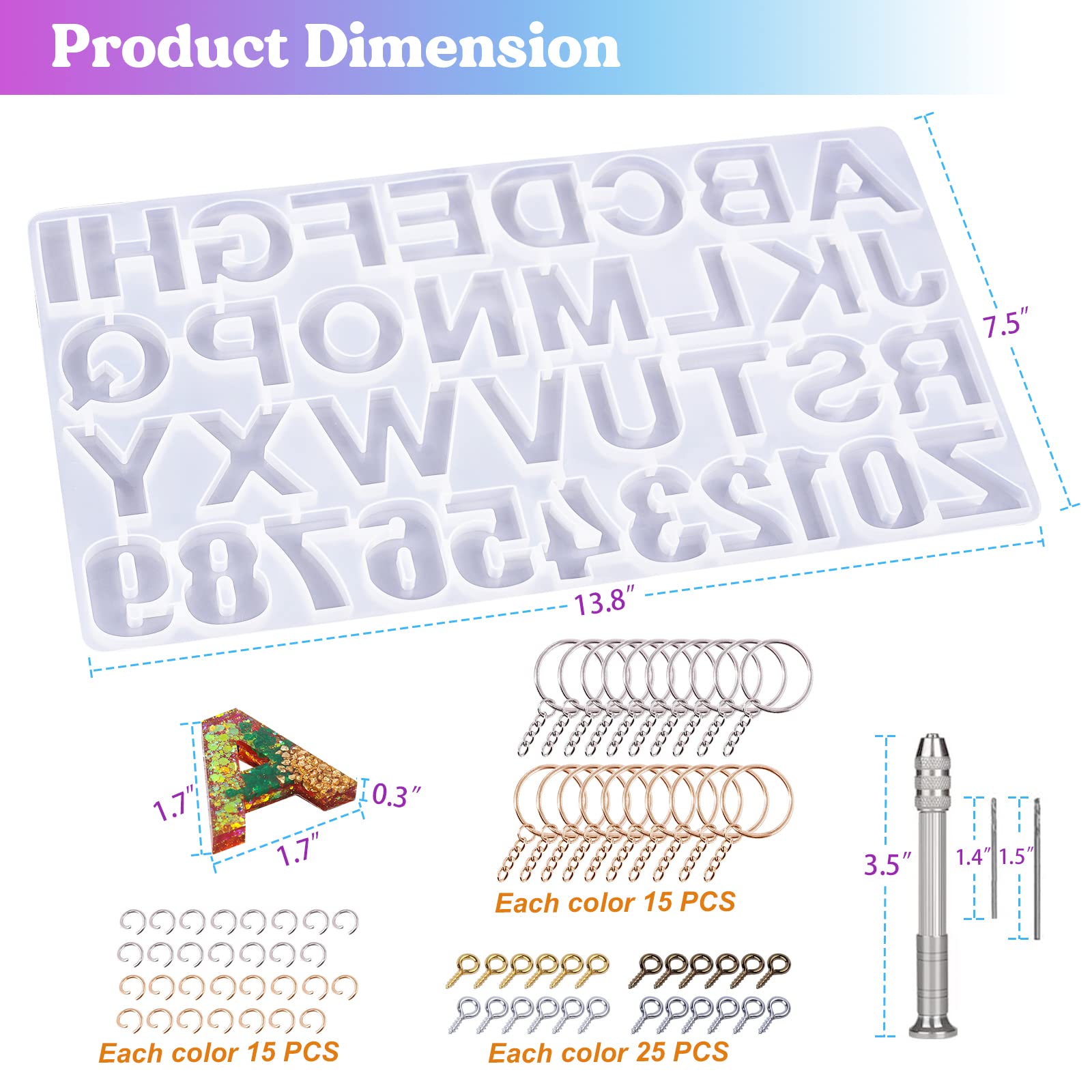 LET'S RESIN 134Pcs Alphabet Resin Molds Silicone Kit, Letter Number Silicone Molds for Resin with Hand Drill,Drill Bits,Key Rings, Screw Pins, Alphabet Molds for Epoxy Resin,Keychain Making