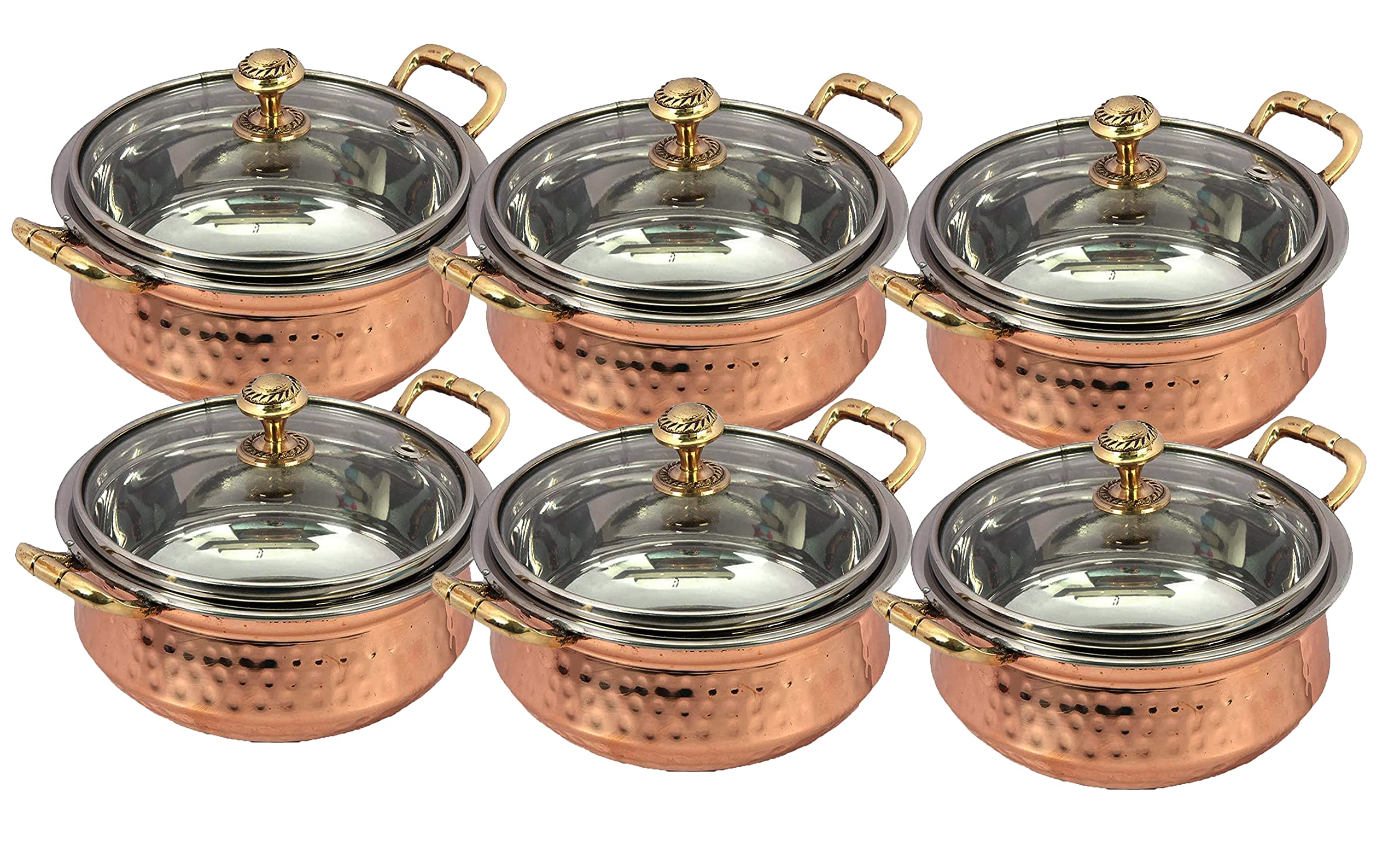 PARIJAT HANDICRAFT Indian Hammered Copper Serving Bowl for Food Soup with Handle and Glass Lid Decorative Small Seveware Pack of 6