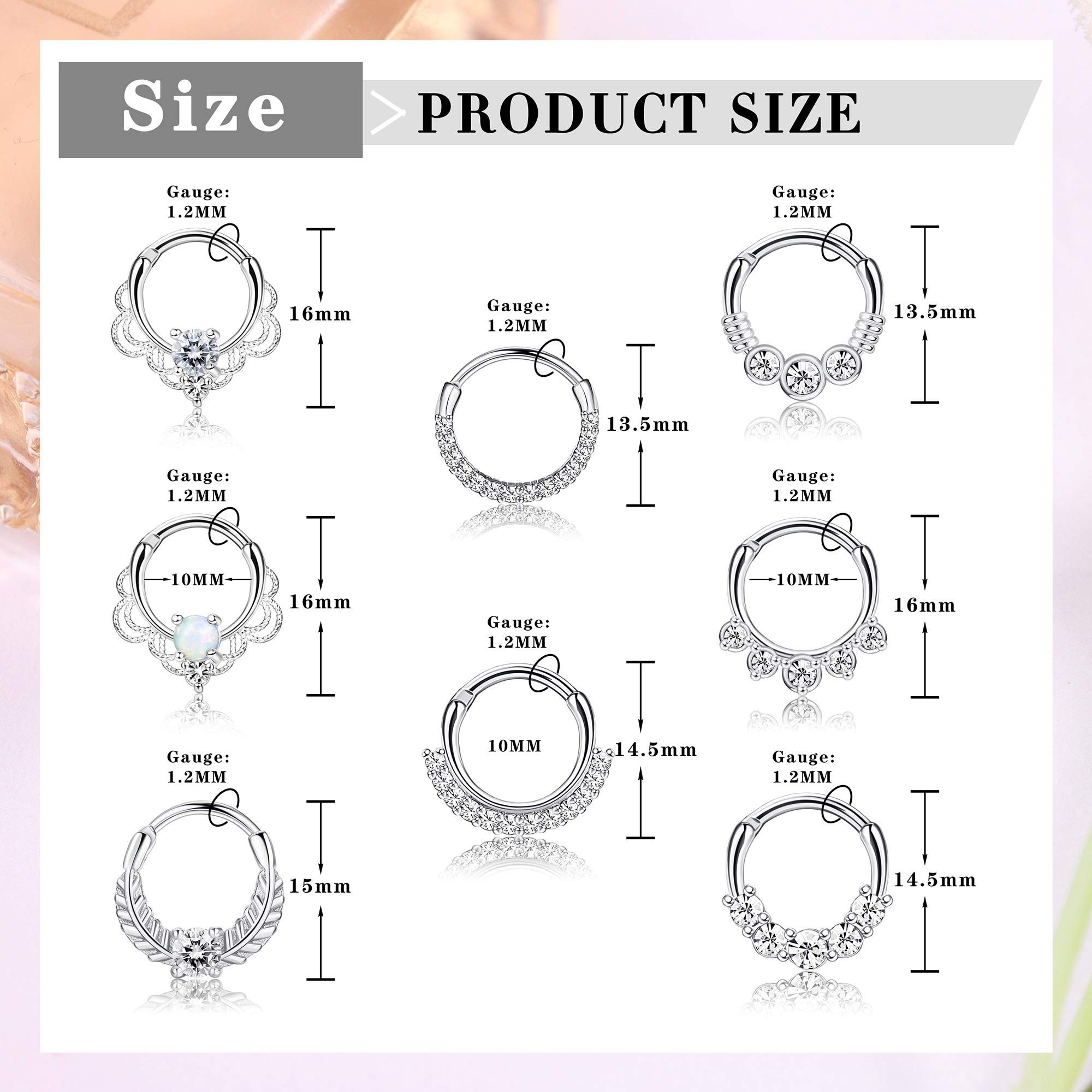 LOYALLOOK 8PCS 16G Septum Clicker Ring Stainless Steel CZ Opal Cartilage Helix Tragus Hoop Daith Earrings Nose Hinged Segment Ring Piercing Jewelry 10MM